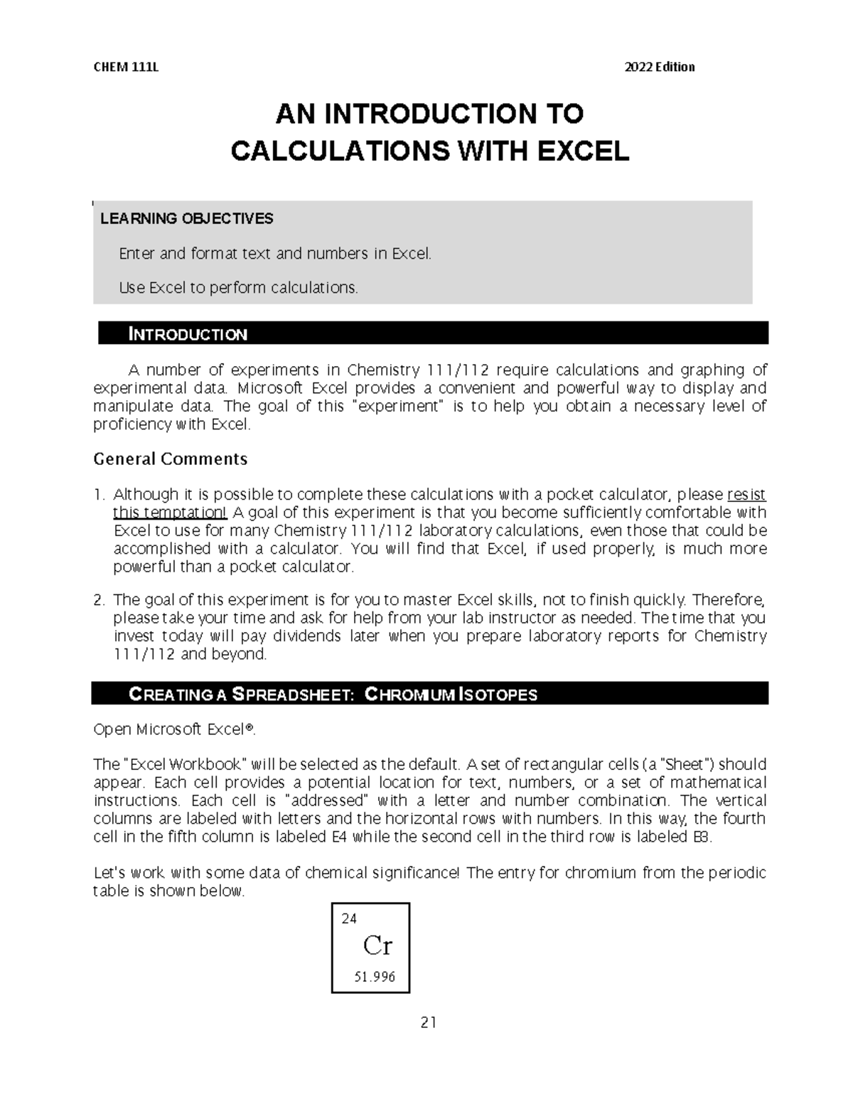 An Introduction to Calculations with Excel - AN INTRODUCTION TO CALCULATIONS WITH EXCEL ...