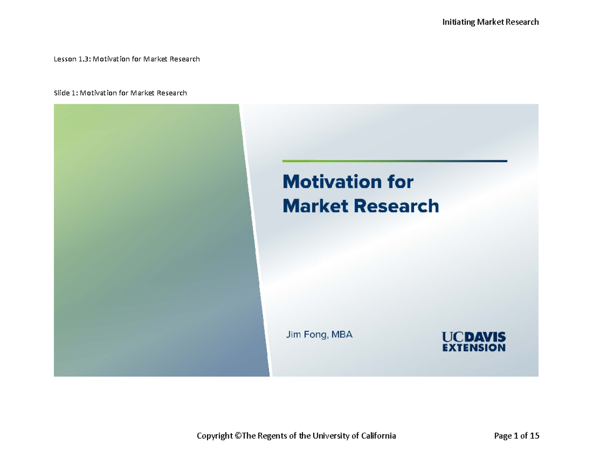 market research - Lesson 1: Motivation for Market Research Slide 1 ...