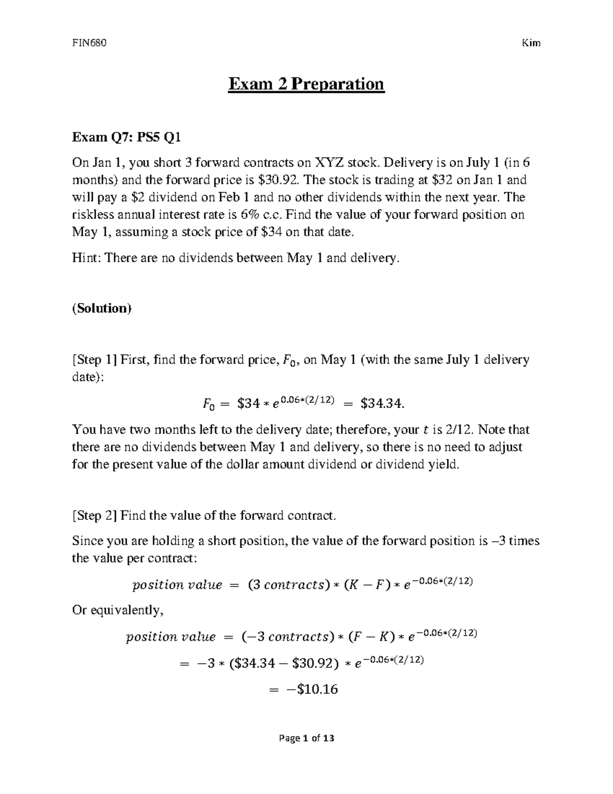 FIN 680 Exam 2 Prep Problem Set Questions v2 - Exam 2 Preparation Exam ...