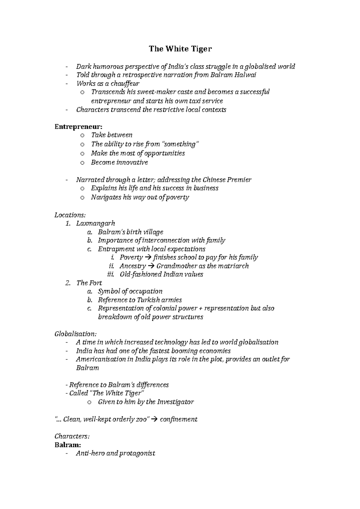 English Extension 1 Notes - The White Tiger - The White Tiger Dark ...