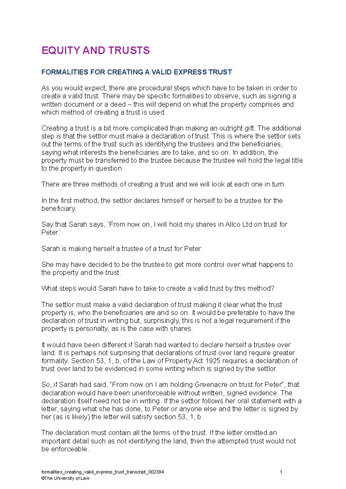 Formalities creating valid express trust transcript 002394 - EQUITY AND TRUSTS FORMALITIES FOR ...