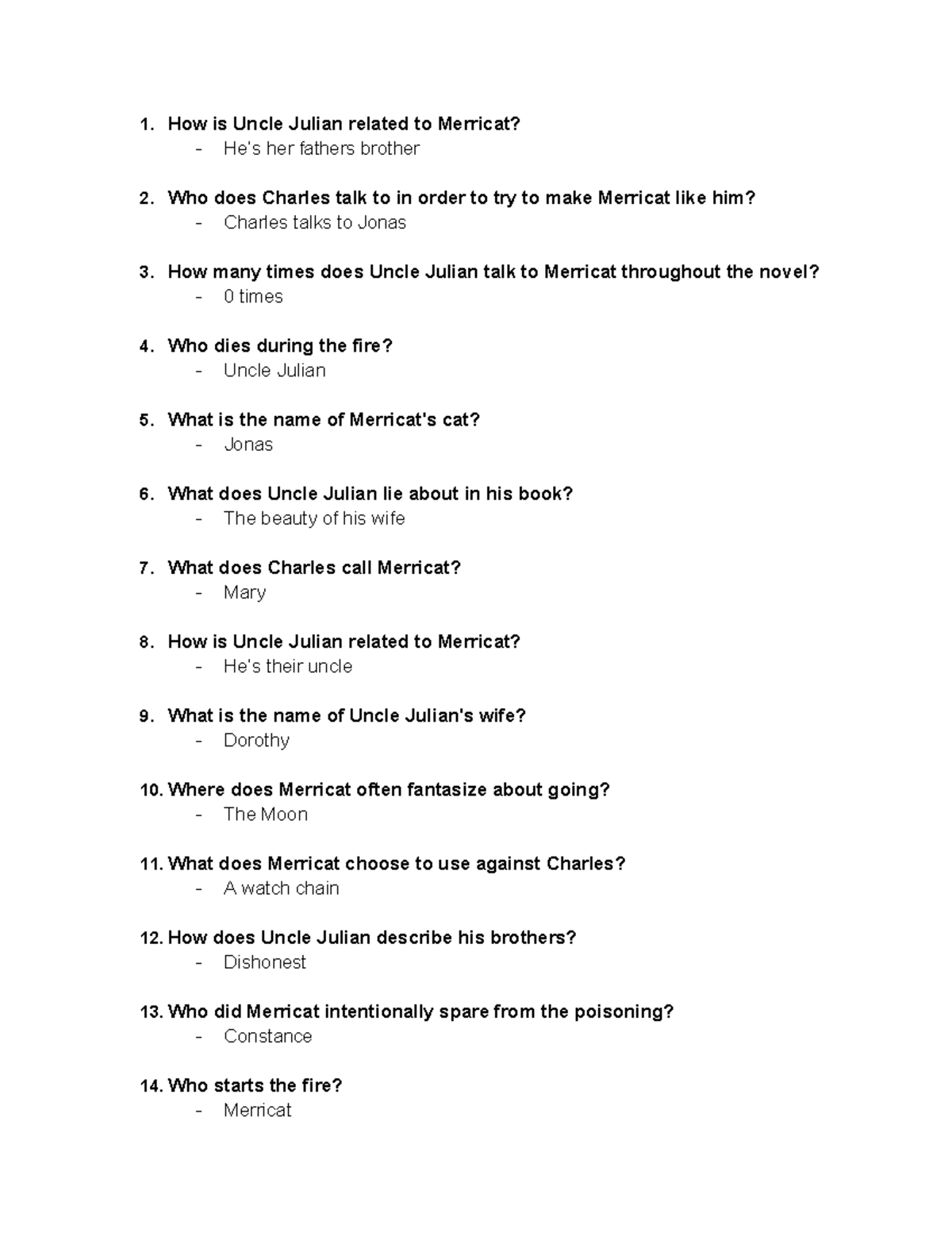 We have always lived in the castle Key information - 1. How is Uncle ...