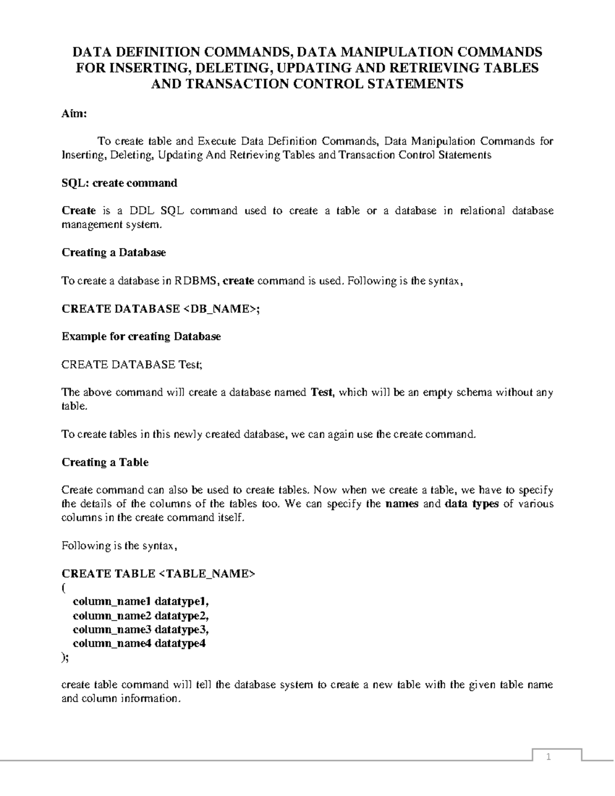 CP4151 Database Practices Lab Manual - DATA DEFINITION COMMANDS, DATA MANIPULATION COMMANDS FOR ...