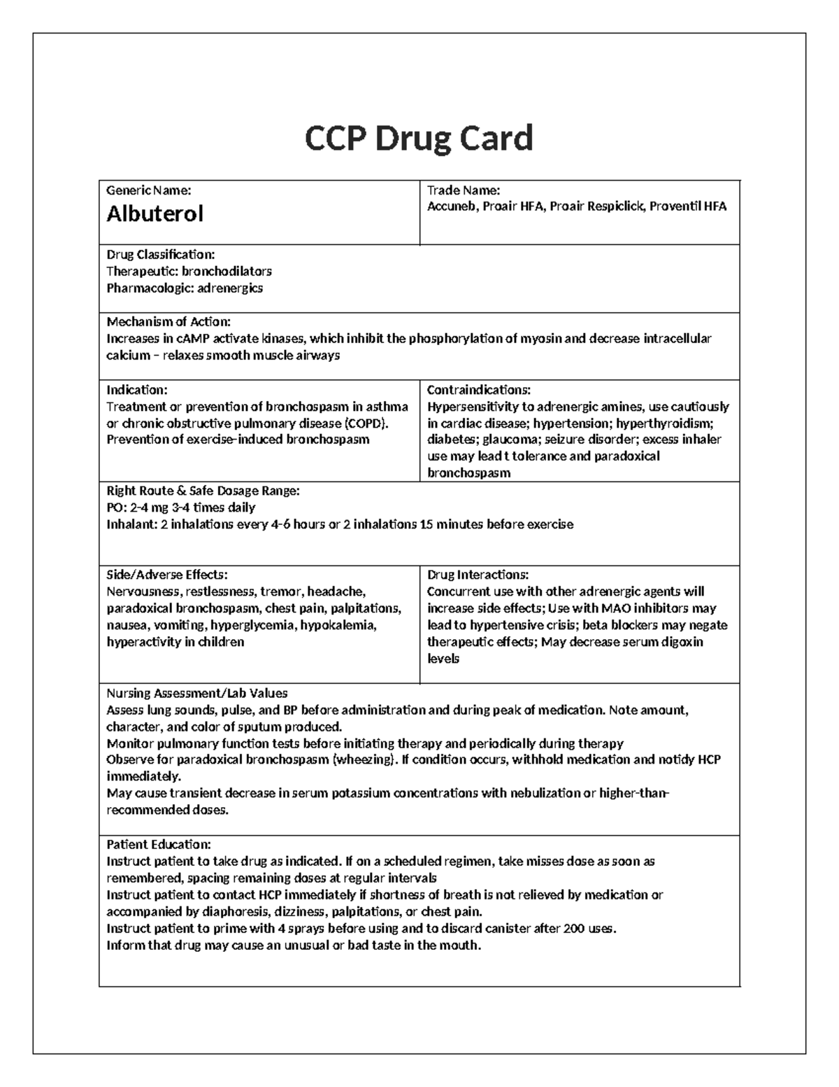 Albuterol Drug Card - Drug card - CCP Drug Card Generic Name: Albuterol ...