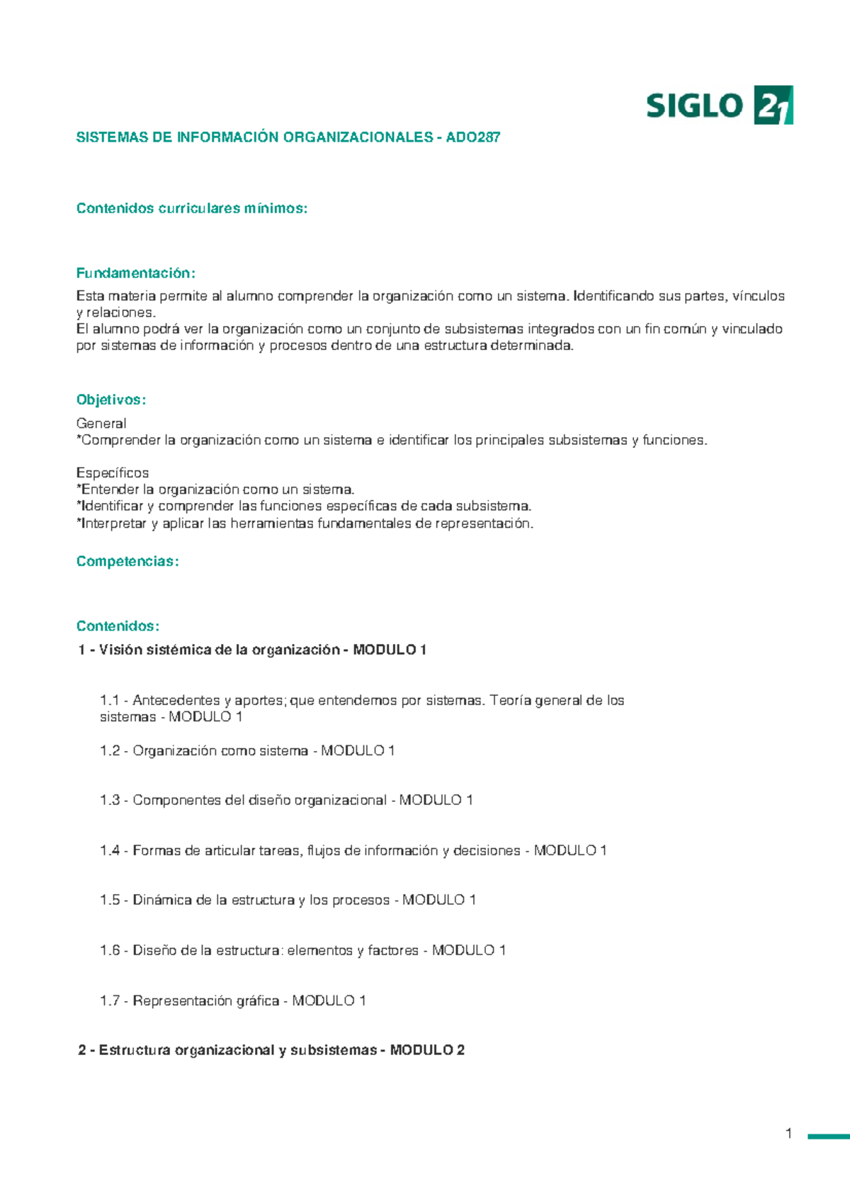 Programa materia Sistemas DE Información Organizacionales - SISTEMAS DE INFORMACIÓN ...