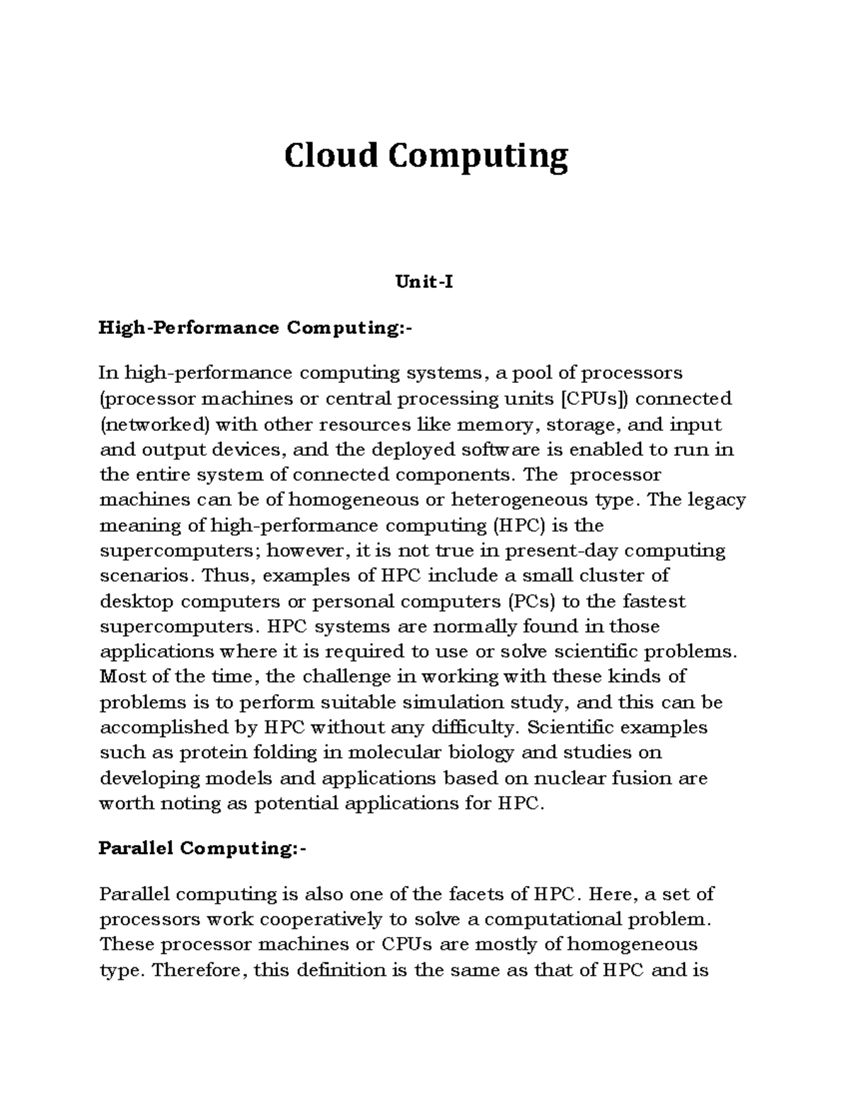 Cloud Computing - Cloud Computing Unit-I High-Performance Computing:- In high-performance ...