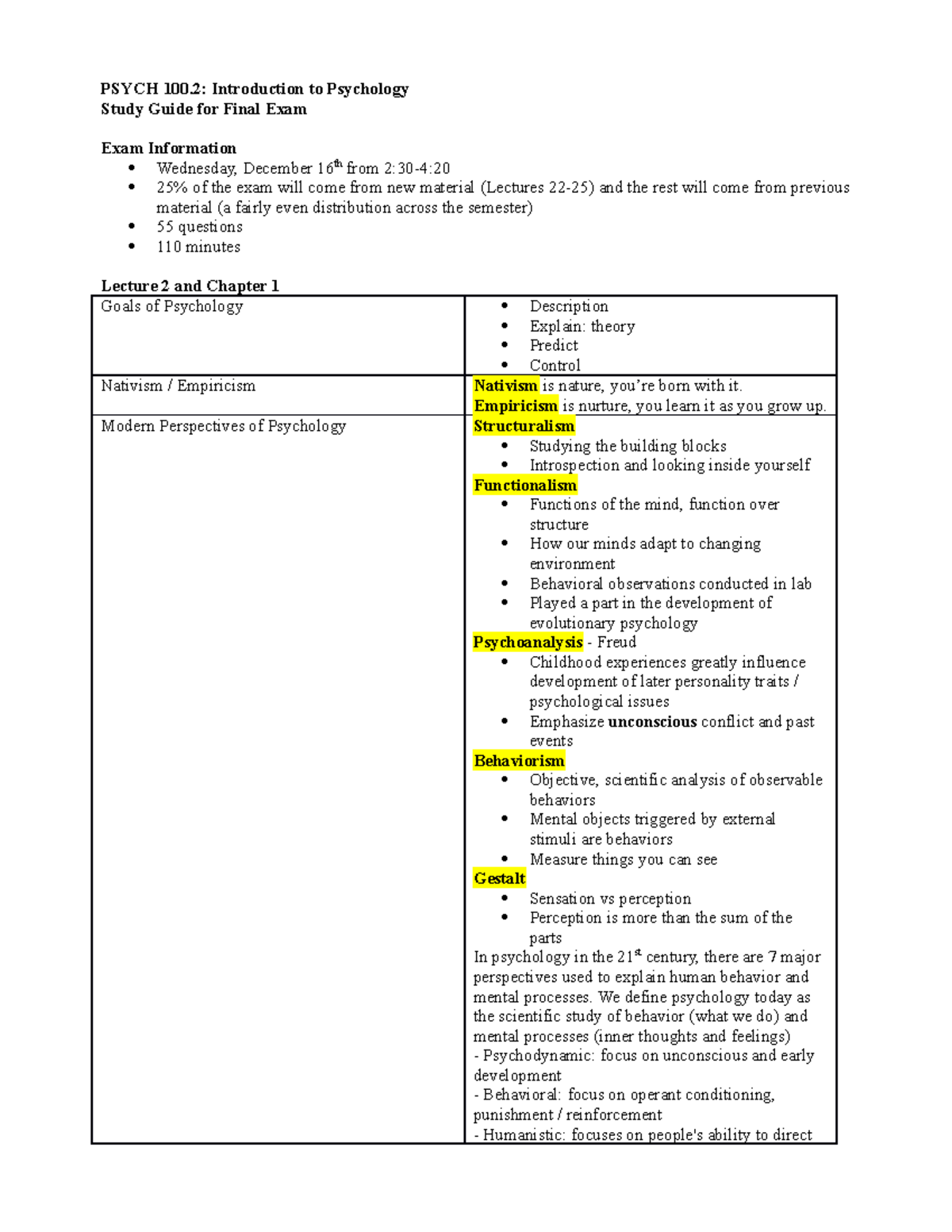 Study Guide Final Exam - PSYCH 100: Introduction to Psychology Study ...