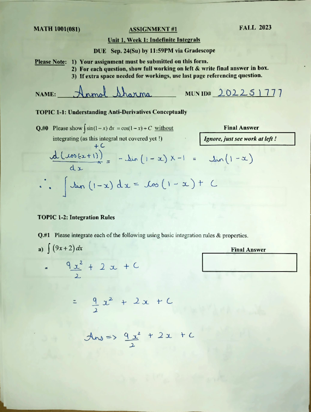 Assignment 1- Anmol Sharma - MATH 1001(081) NAME: Please Note: 1) Your assignment must be ...
