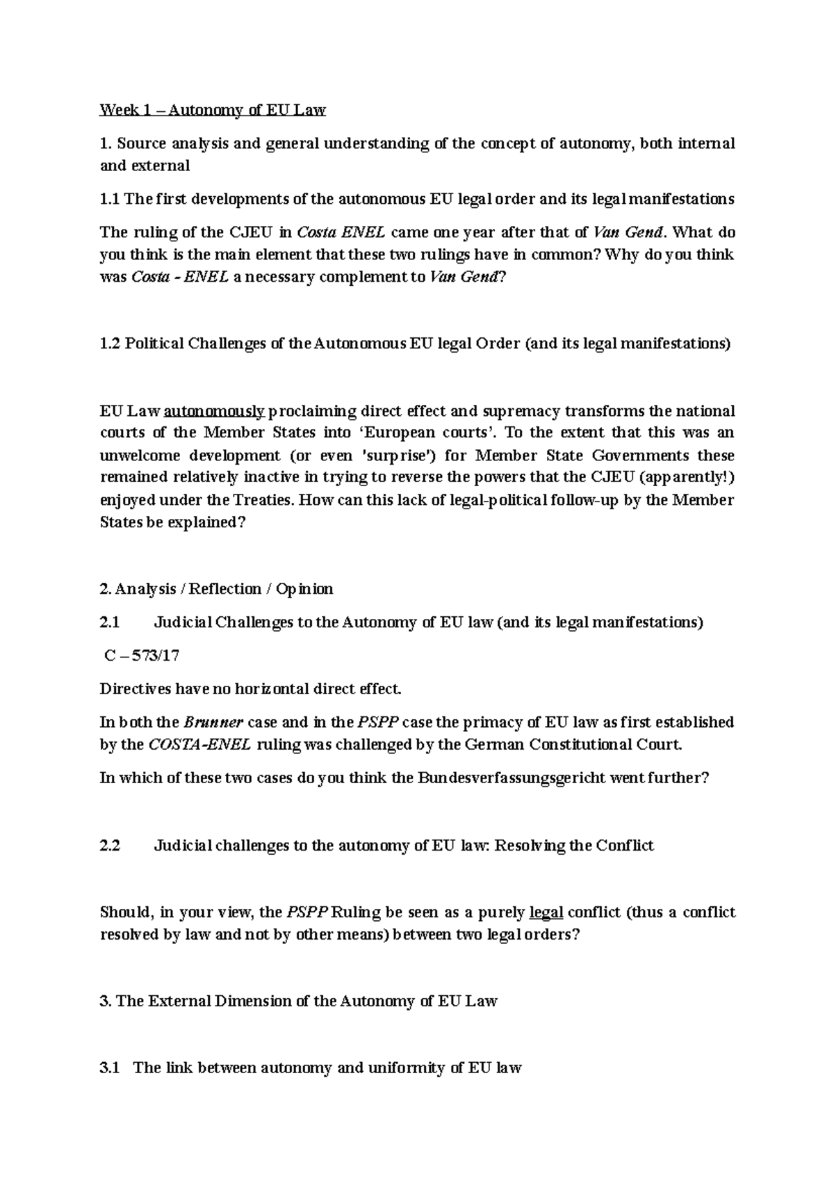 Principles and Foundations of EU Law - Tutorial - Week 1 – Autonomy of ...