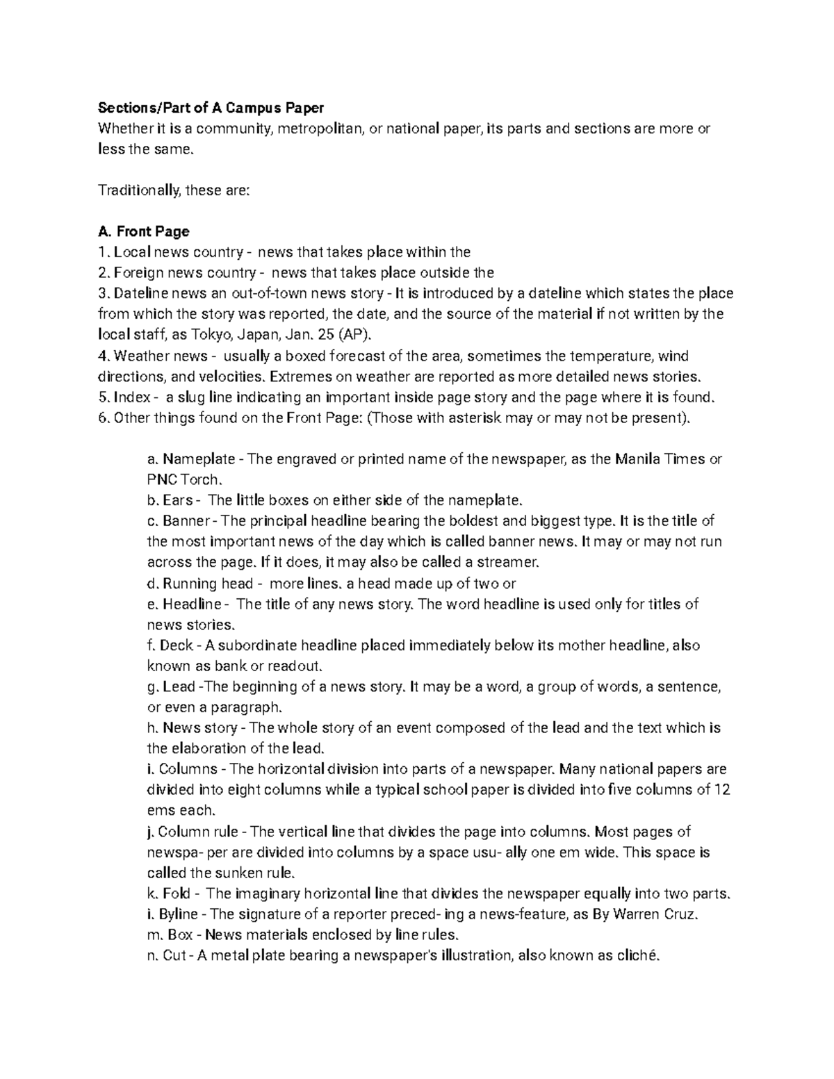 Campus Journalism Notes - Sections/Part of A Campus Paper Whether it is ...