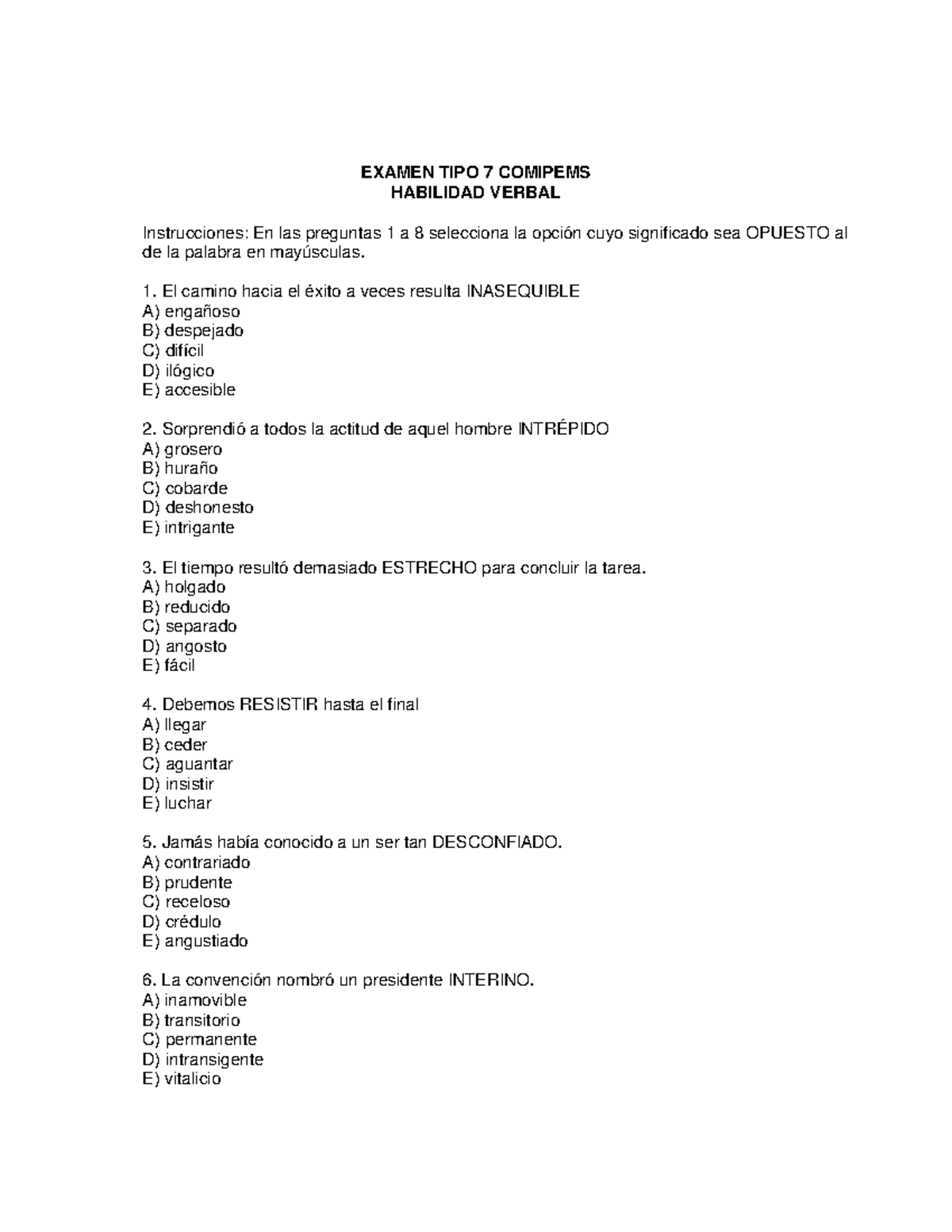 Examen TIPO 7 Comipems Habilidad Verbal - EXAMEN TIPO 7 COMIPEMS HABILIDAD VERBAL Instrucciones ...