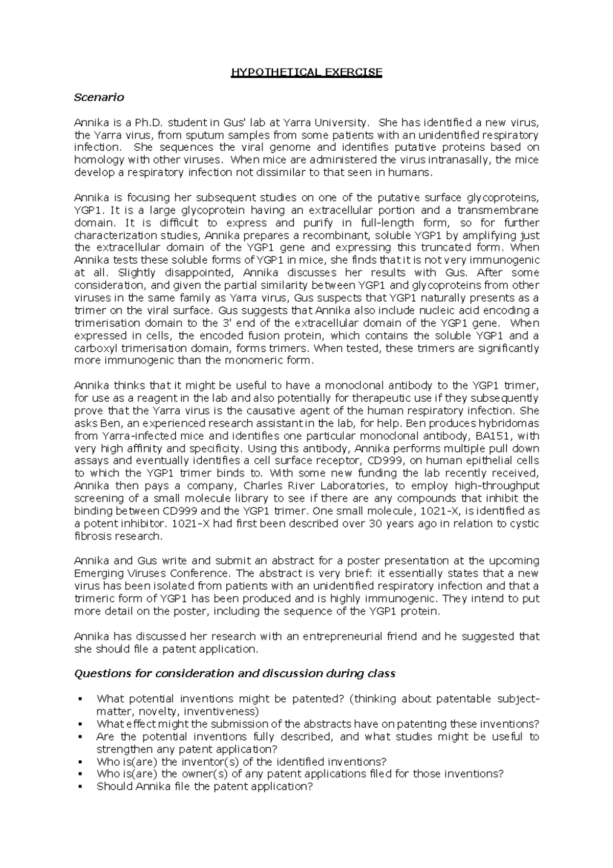 Hypothetical + Answer - HYPOTHETICAL EXERCISE Scenario Annika is a Ph ...