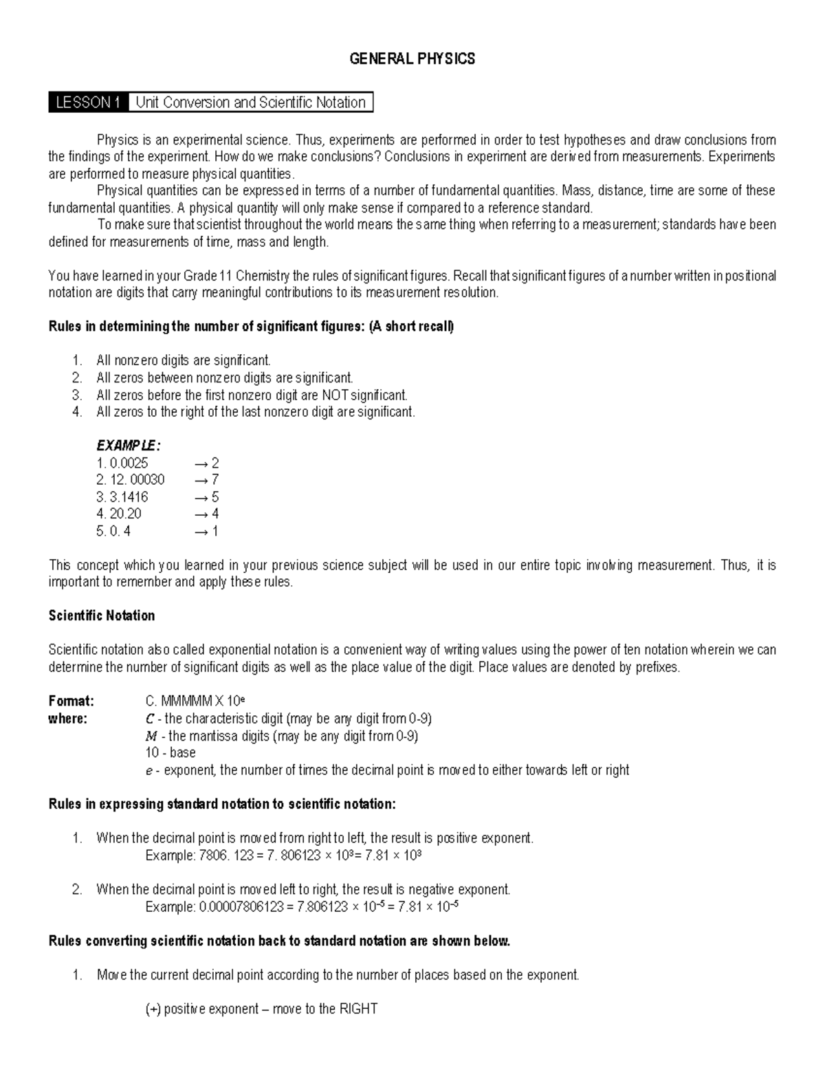 Lesson 1 - gen phy - GENERAL PHYSICS LESSON 1 Unit Conversion and ...