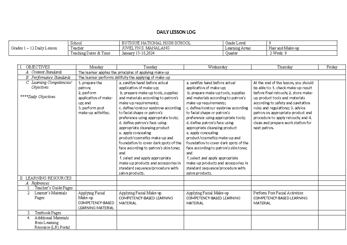 DLL apply make-up - DAILY LESSON LOG Grades 1 – 12 Daily Lesson School ...