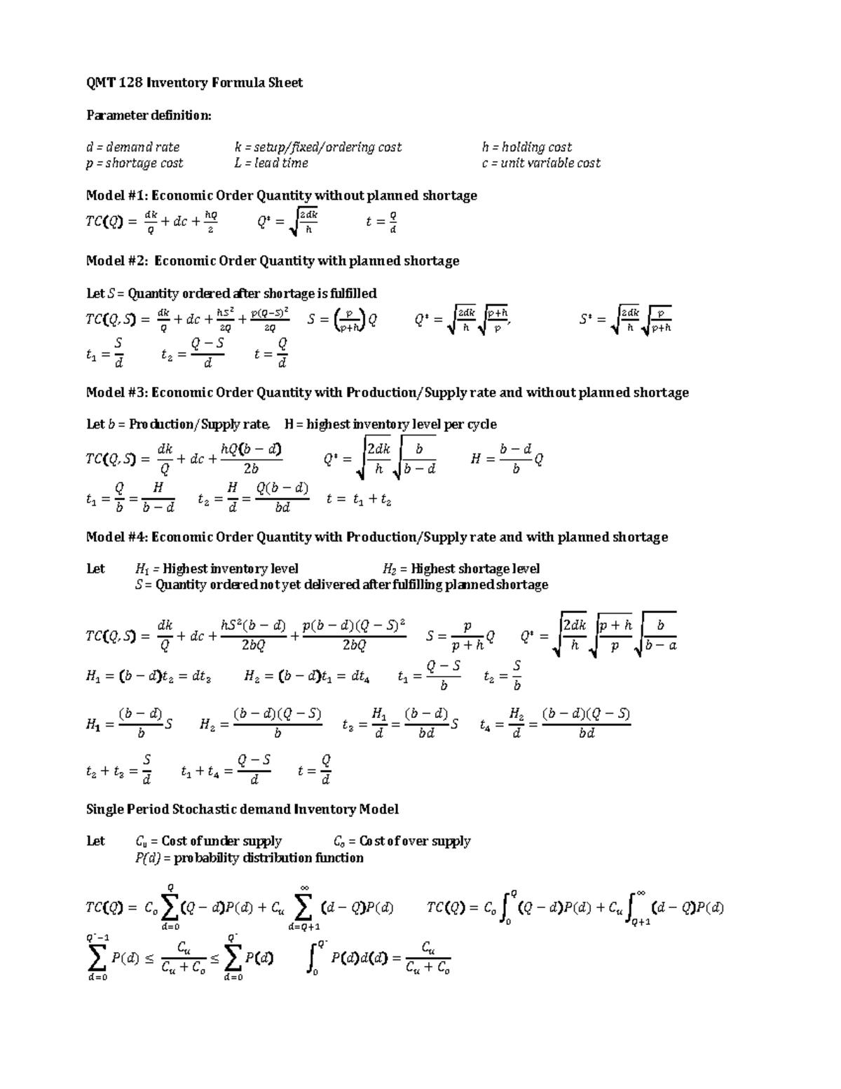 Inventory Formula Sheet 1 - QMT 128 Inventory Formula Sheet Parameter definition: d = demand ...