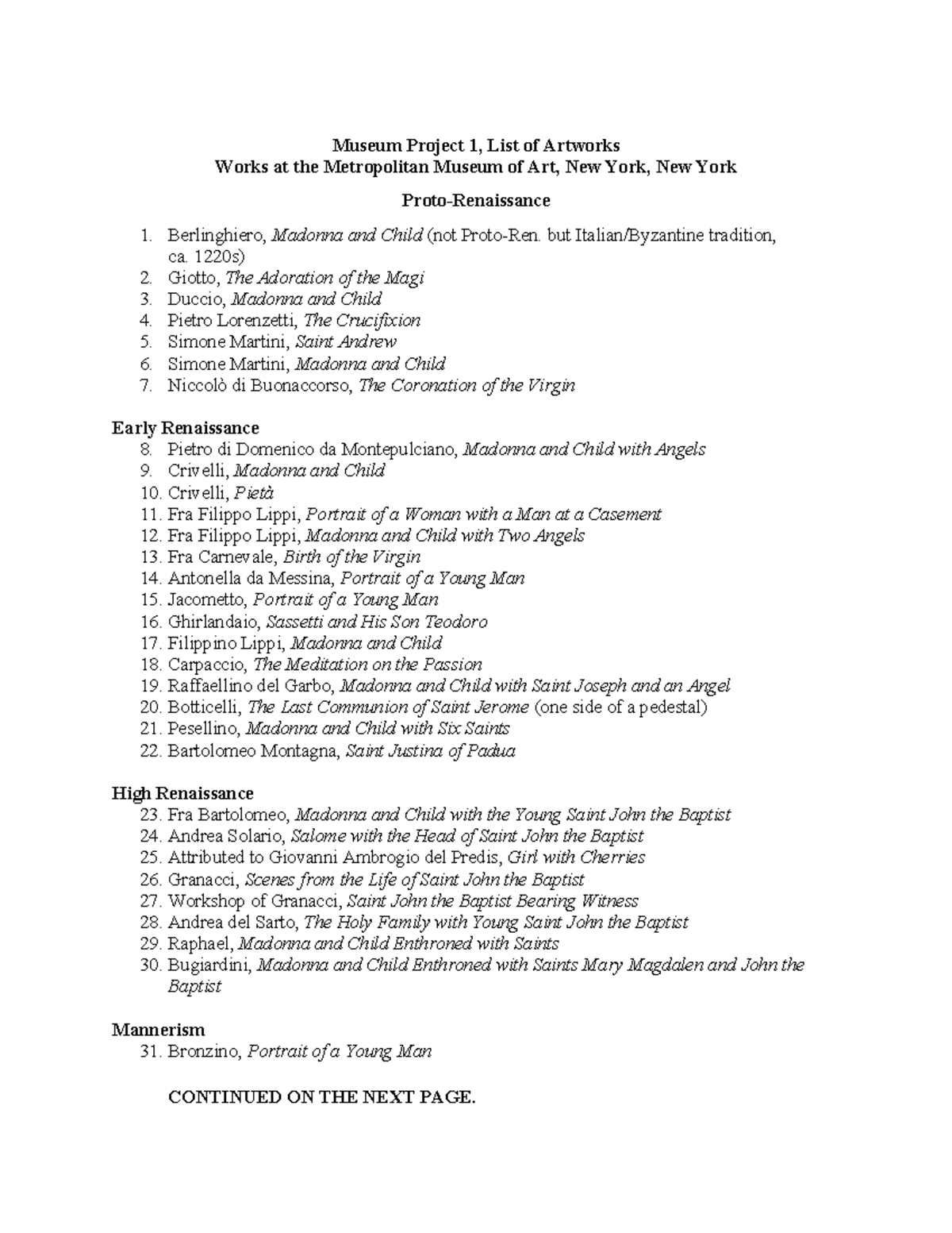 Museum Project 1 list and samples (10) - Museum Project 1, List of ...