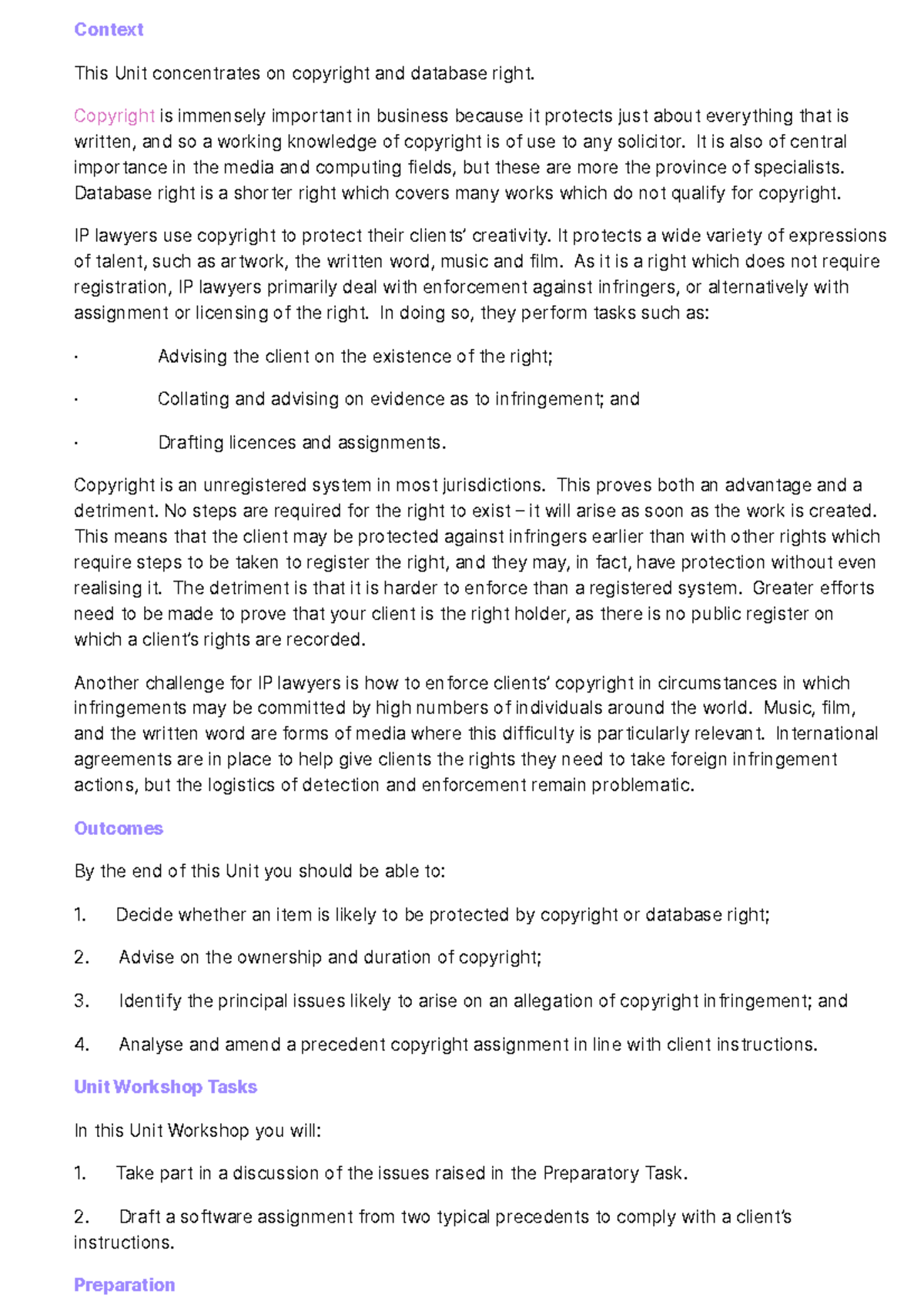 IP Workshop 4 - Copyright & Database Rights - Context This Unit ...