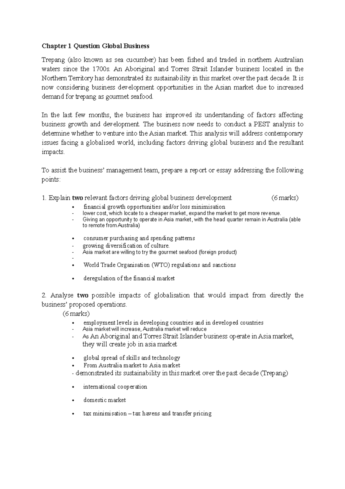 Chapter 1 Question Global Business - Chapter 1 Question Global Business Trepang (also known as ...