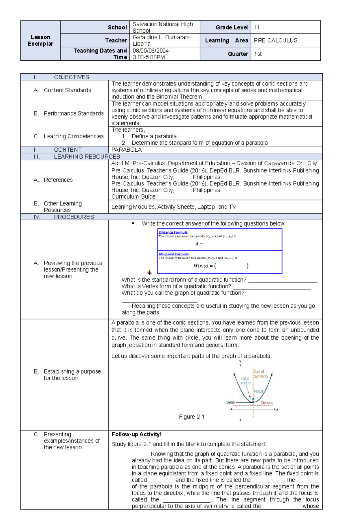 PC 2 - Conic Sections - Lesson Exemplar School Salvacion National High ...
