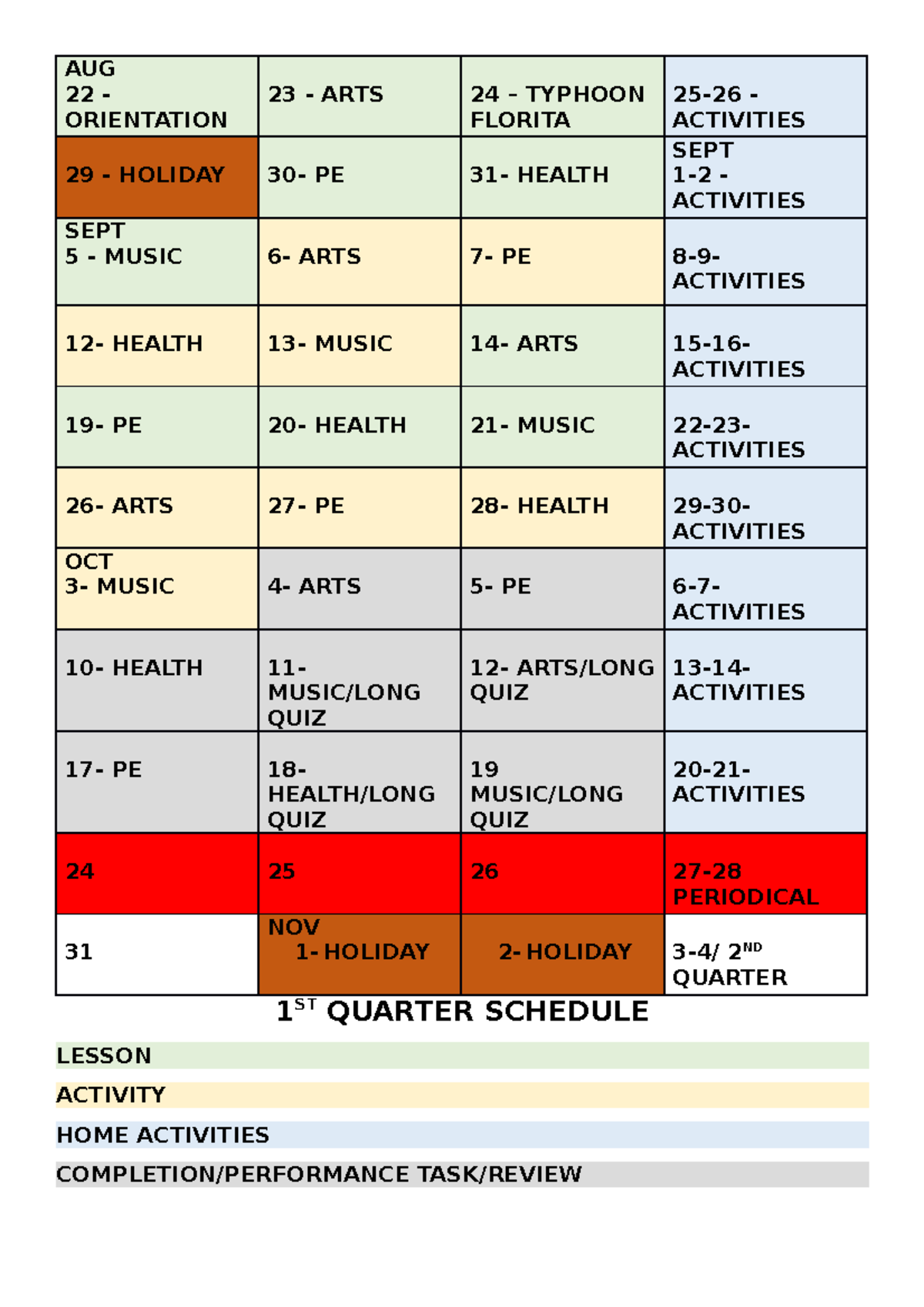 1ST Quarter Schedule - AUG 22 - ORIENTATION 23 - ARTS 24 – TYPHOON ...