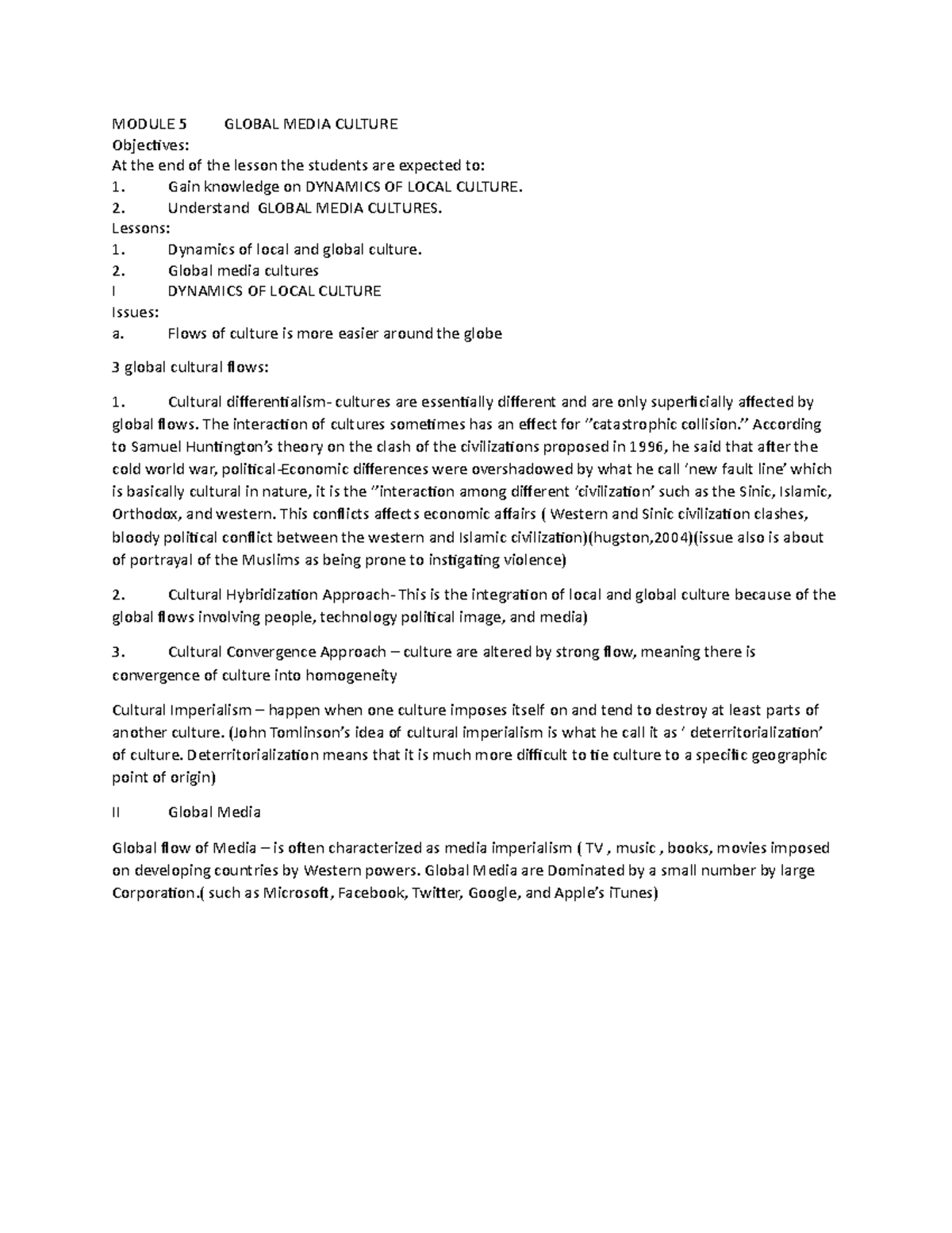 Global Media Culture 2 - To all none have this module - MODULE 5 GLOBAL ...