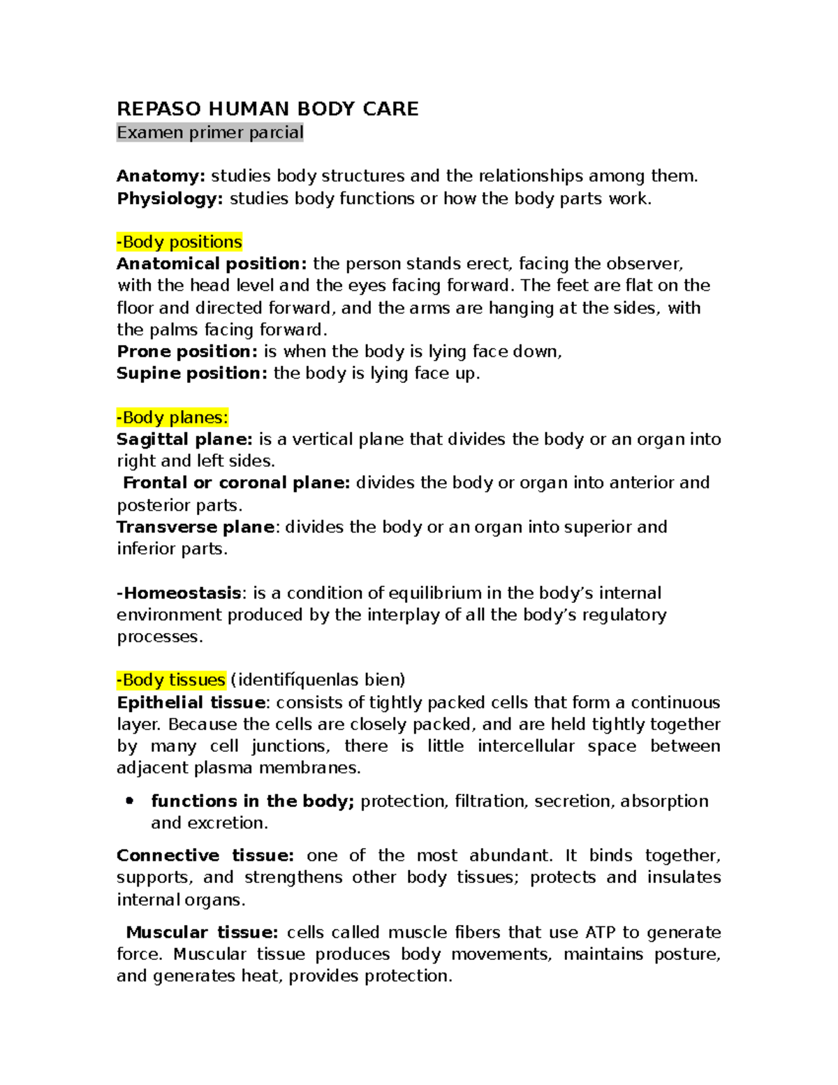 Repaso Human BODY CARE - REPASO HUMAN BODY CARE Examen primer parcial ...