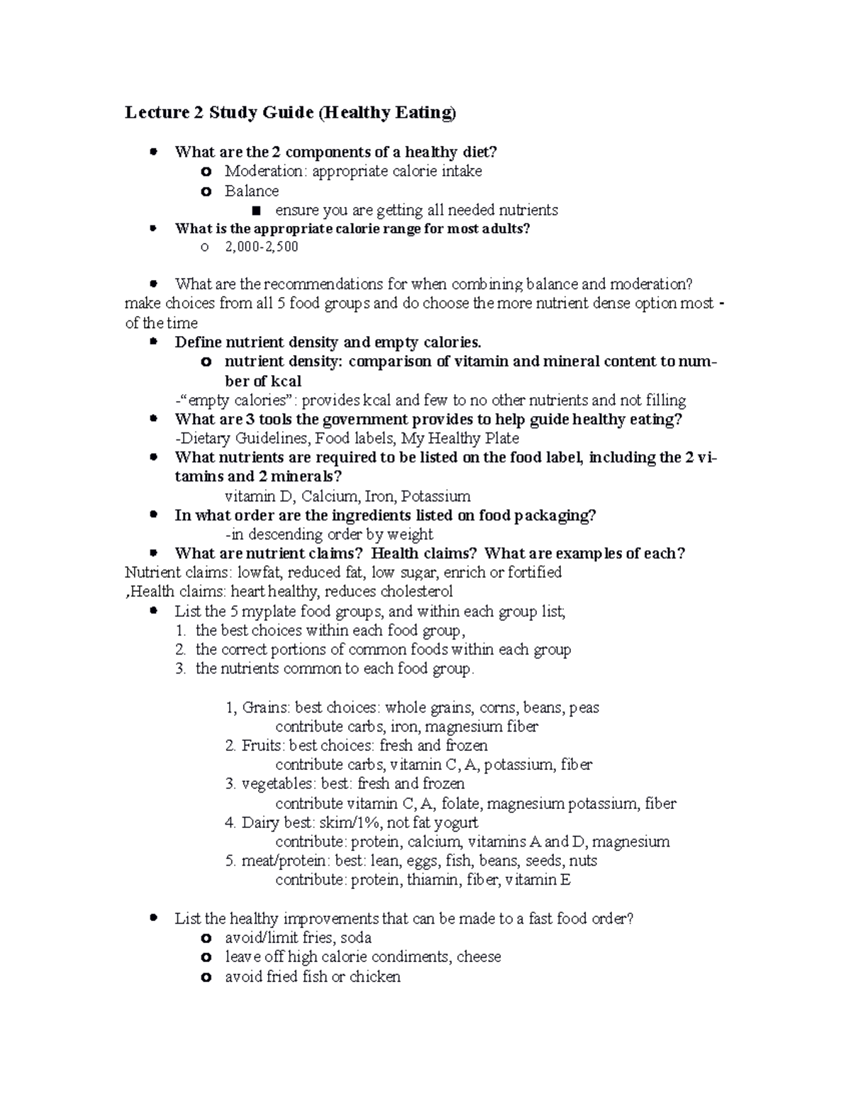Lecture 2 Study Guide (Healthy Eating) - Lecture 2 Study Guide (Healthy ...