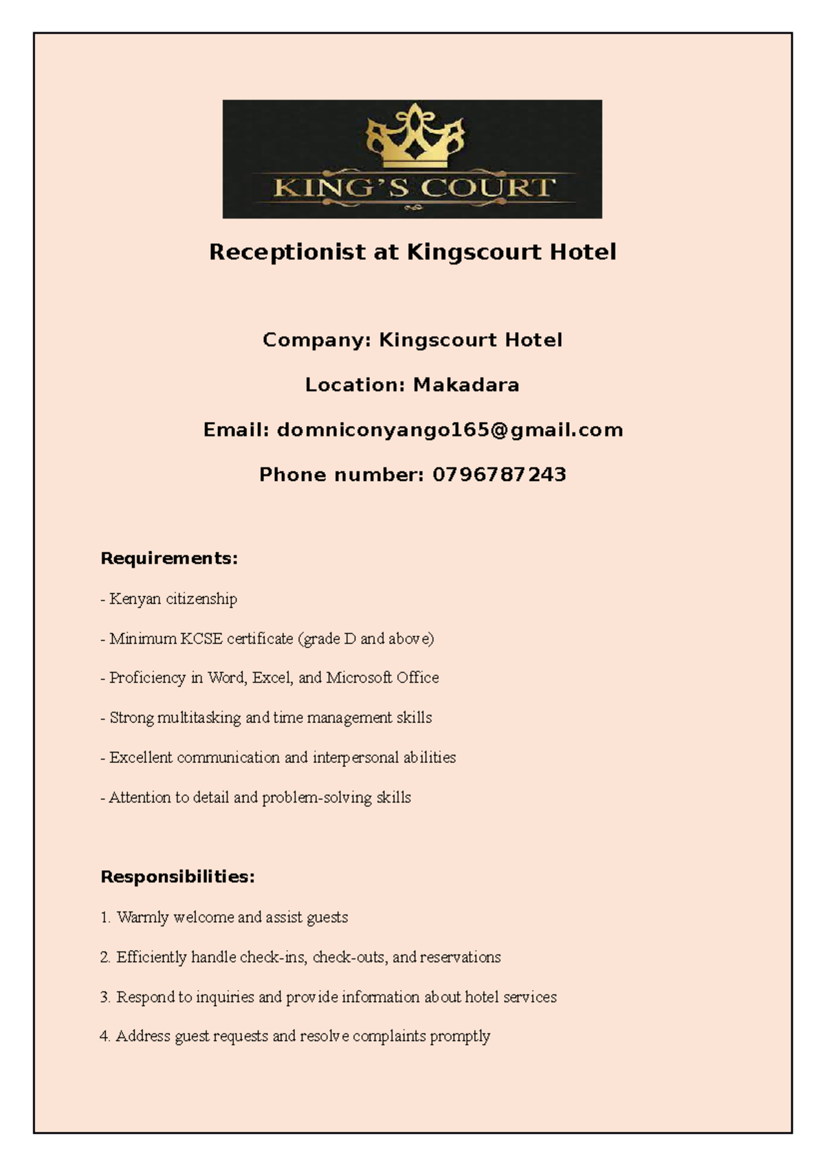 Receptionist at Kingscourt Hotel - Communication Skills - UoN - Studocu