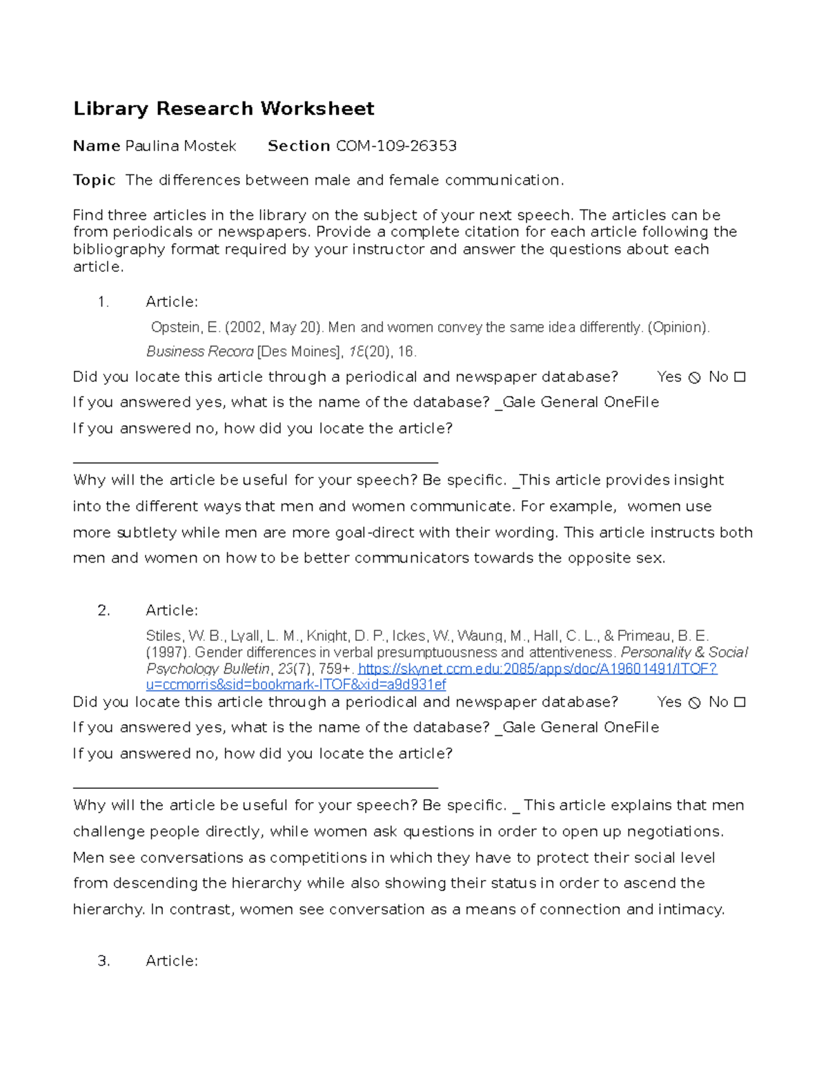 Library Research Worksheet - Find three articles in the library on the ...