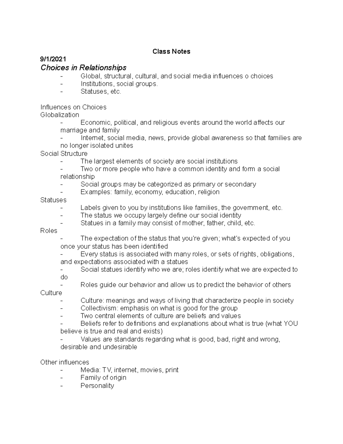 FMST101 Class Notes 1 - Class Notes 9/1/ Choices in Relationships ...