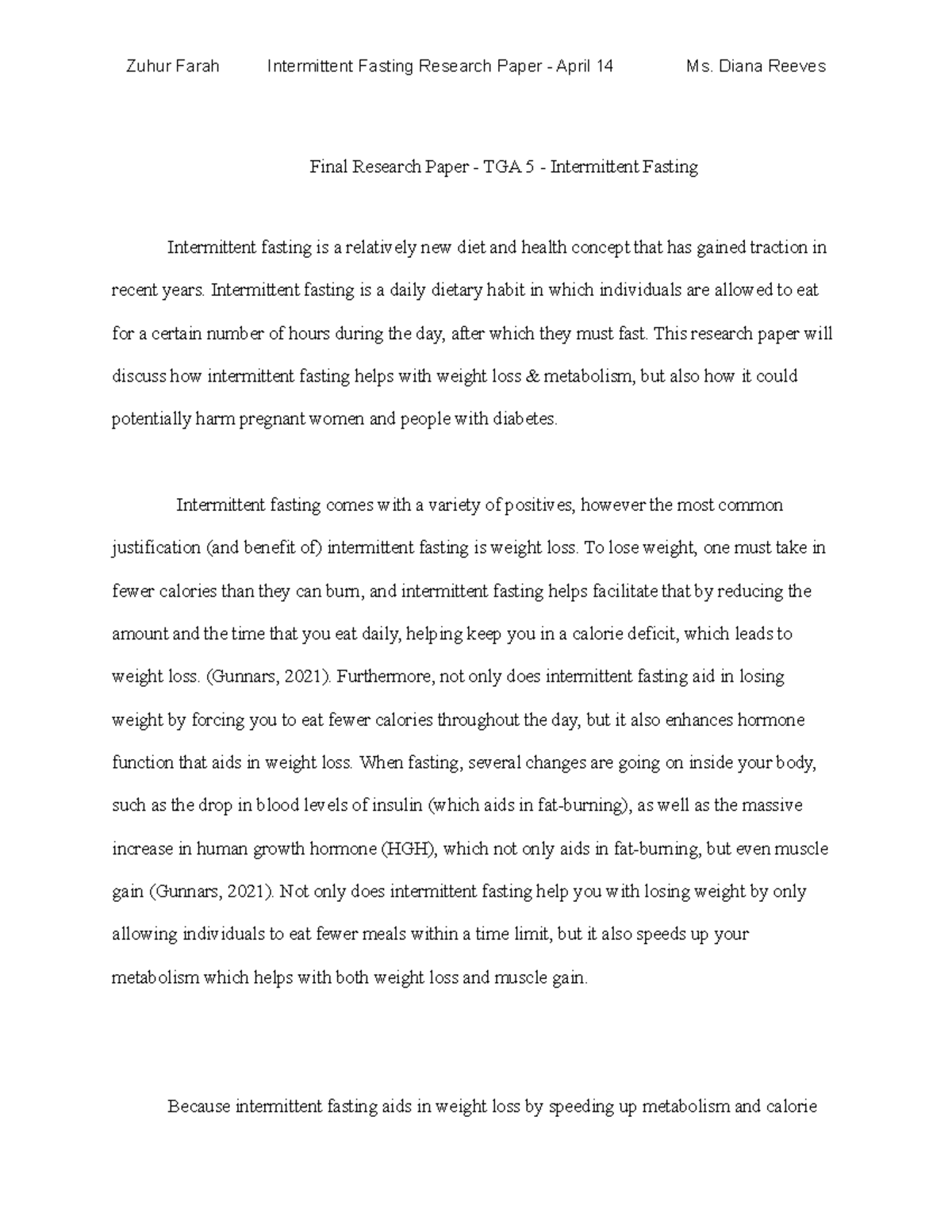 Final Research Paper - TGA 5 - Intermittent Fasting-2 - Final Research ...