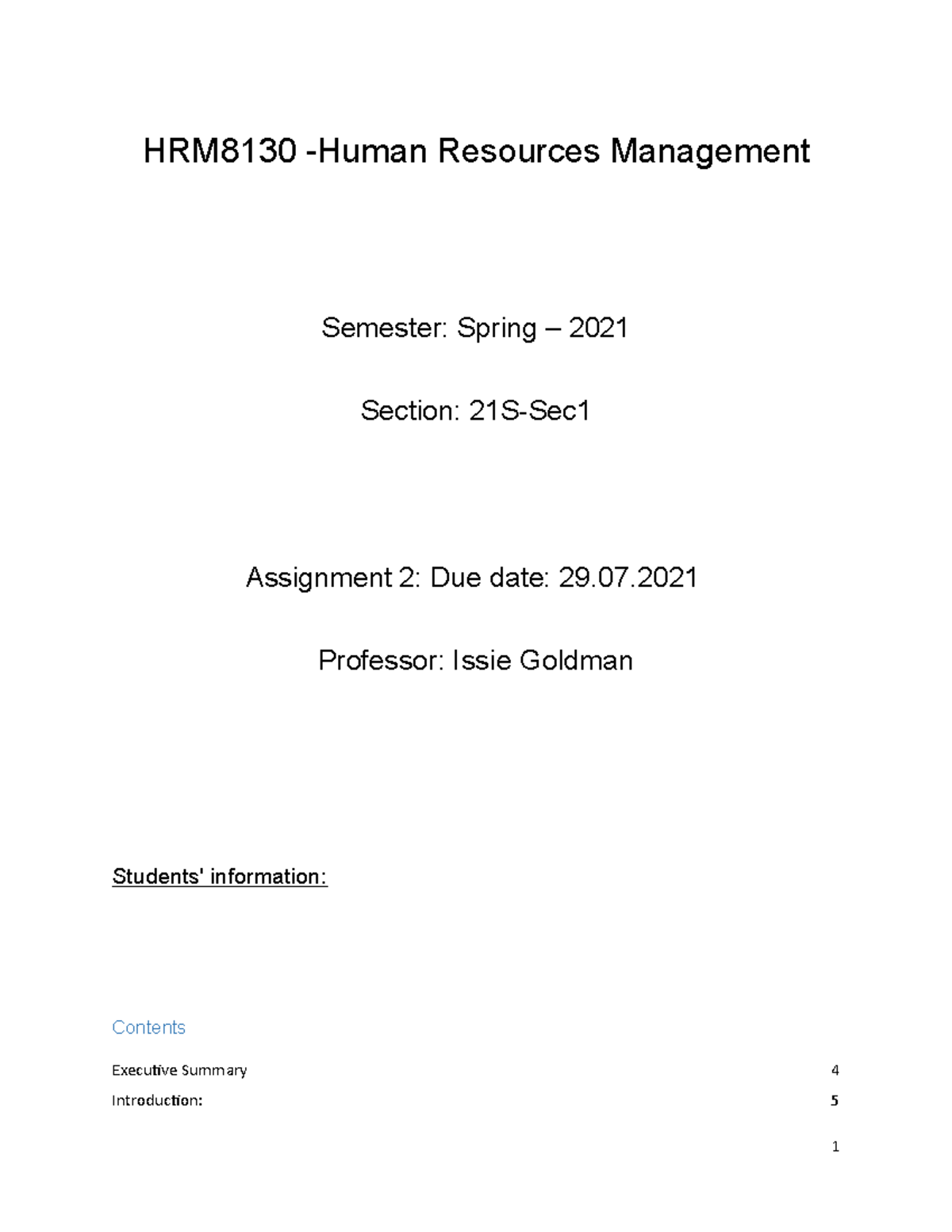 HRM - Assignment - 2 - Final document - HRM8130 -Human Resources Management Semester: Spring ...