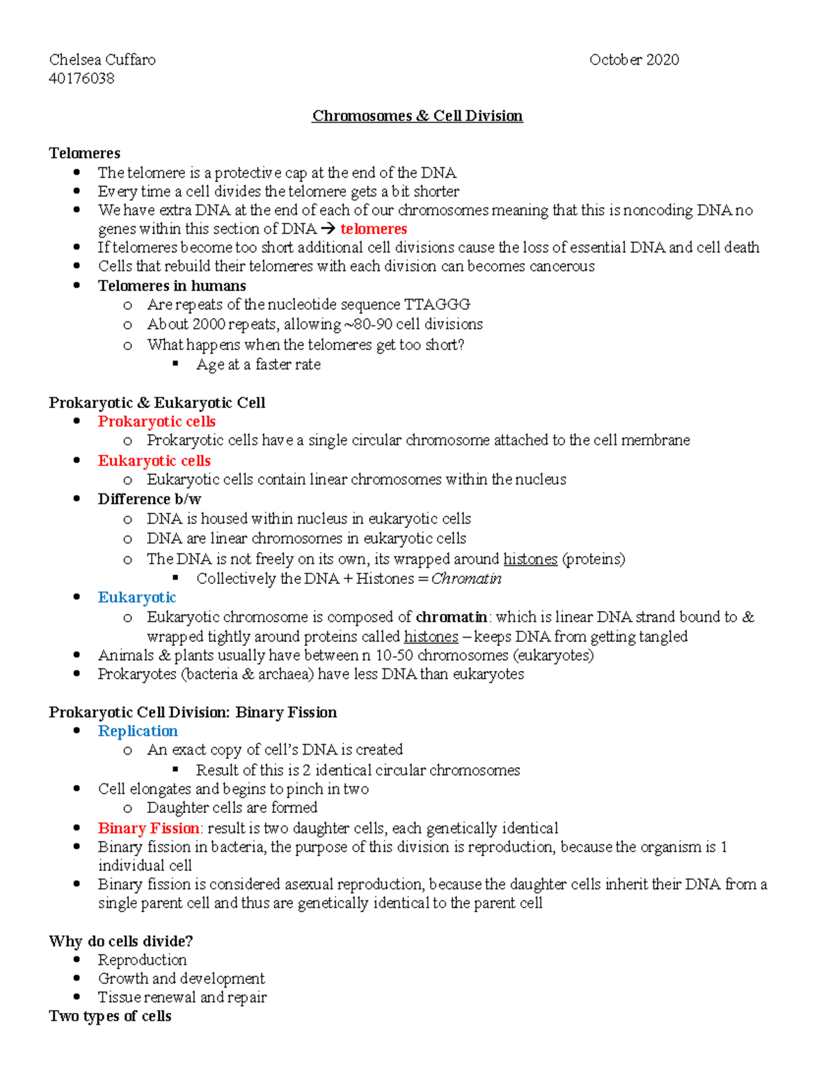 Chromosomes & Cell division - Chelsea Cuffaro October 2020 40176038 ...