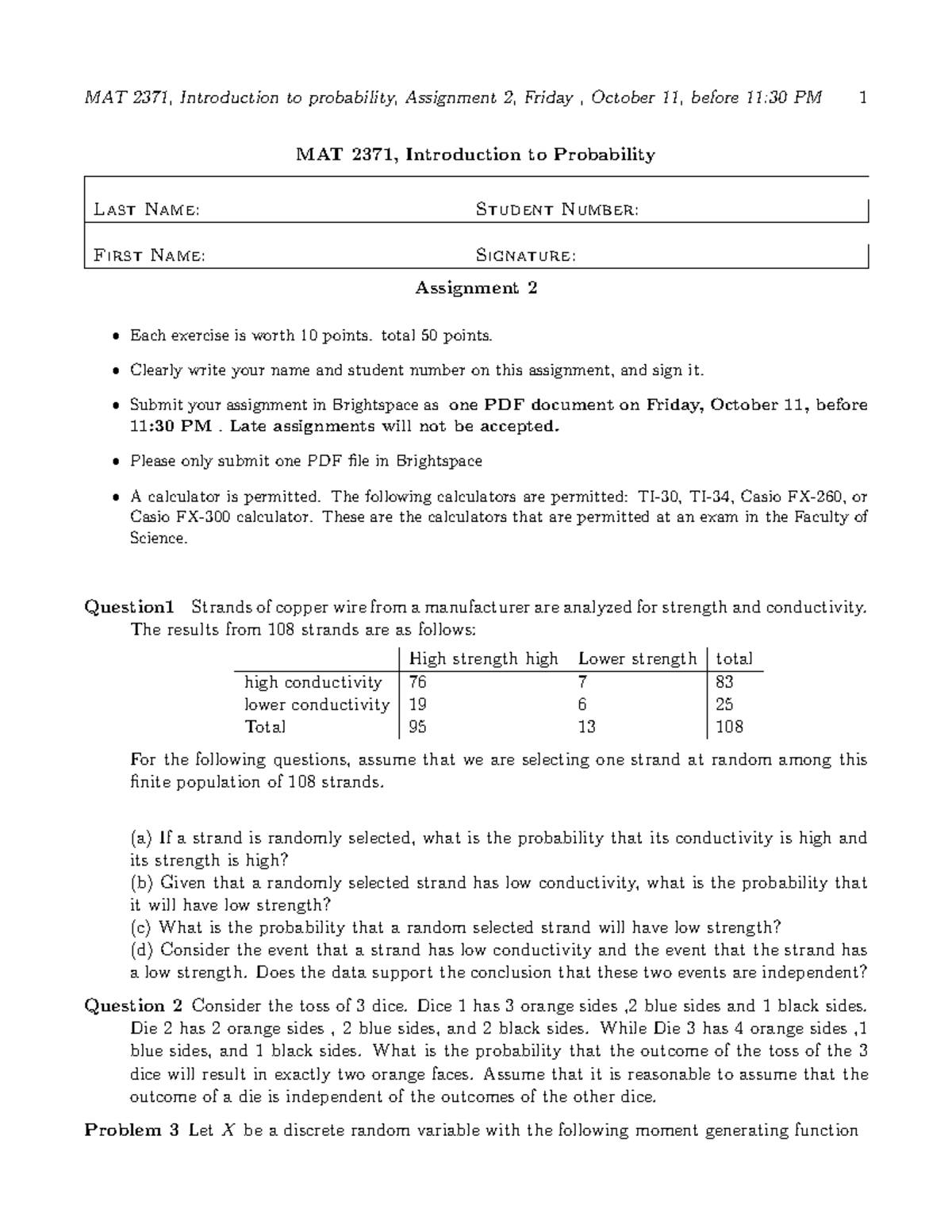 MAT2371 BAssignment 2Fall2024 - MAT 2371, Introduction to probability, Assignment 2, Friday ...