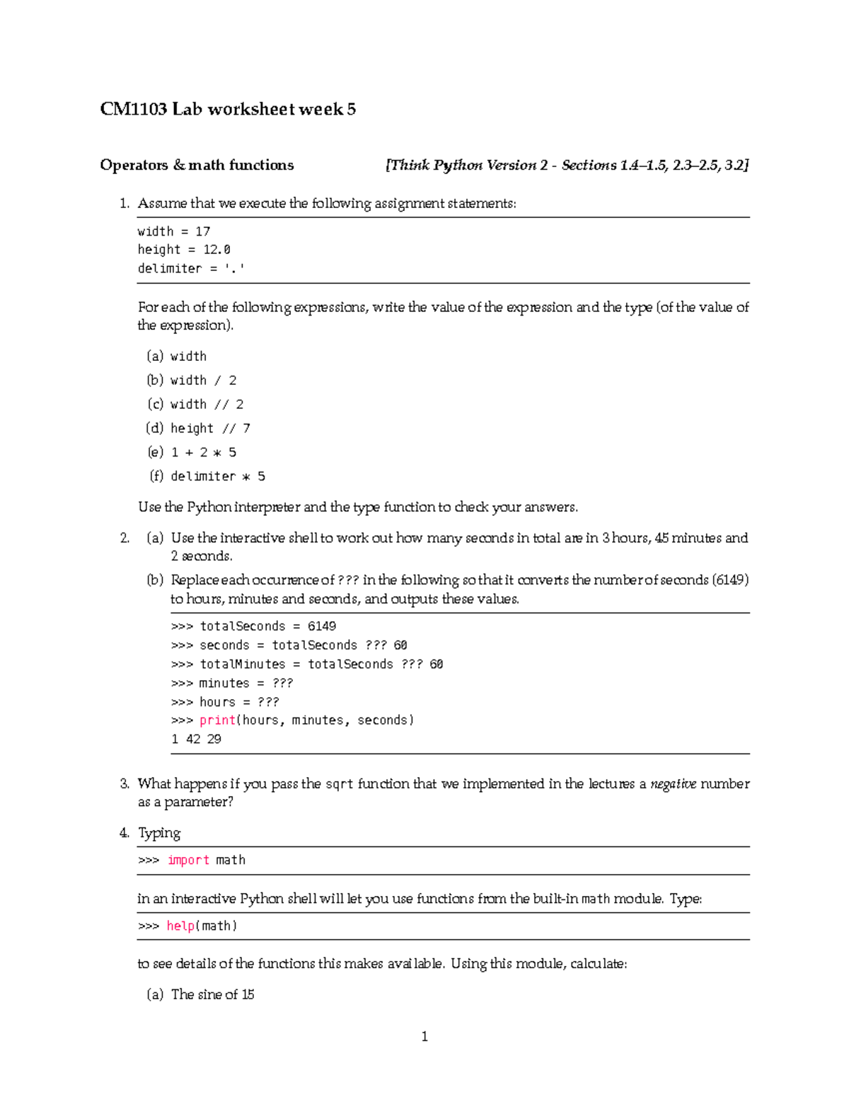 Lab week 5 - The standard weekly lab session. - CM1103 Lab worksheet ...