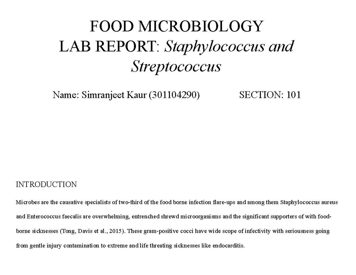 S. aureus & E. faecalis Worksheet 1 (1) (1) ED - FOOD MICROBIOLOGY LAB REPORT: Staphylococcus ...