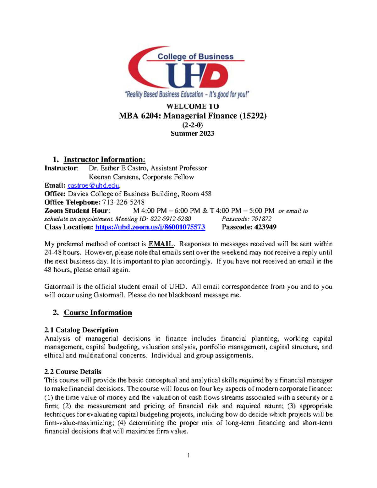 Syllabus MBA 6204 Summer 2023 M-1 - WELCOME TO MBA 6204: Managerial Finance ( 15292 ) (2- 2 - 0 ...