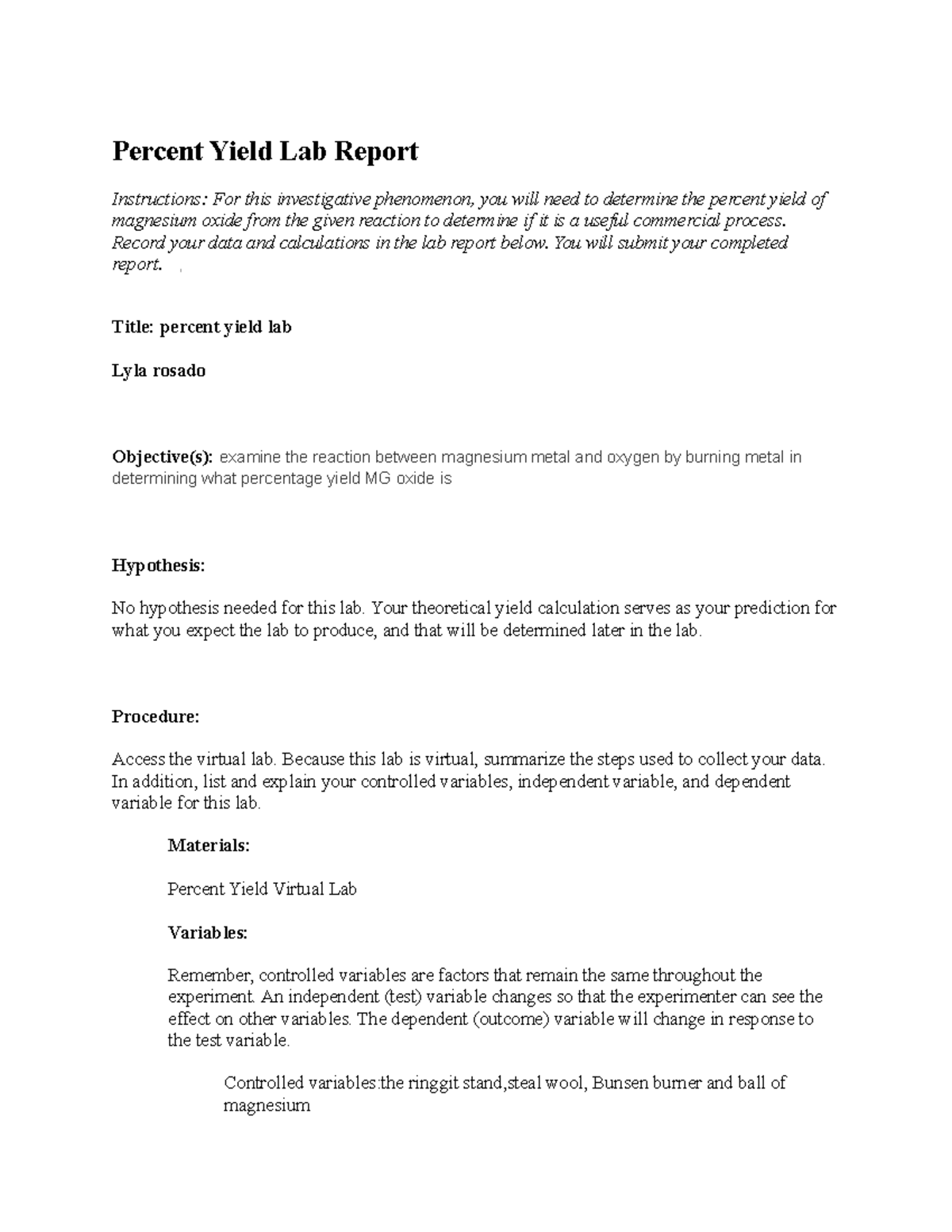 05 06 lab report copy copy copy - Percent Yield Lab Report Instructions ...