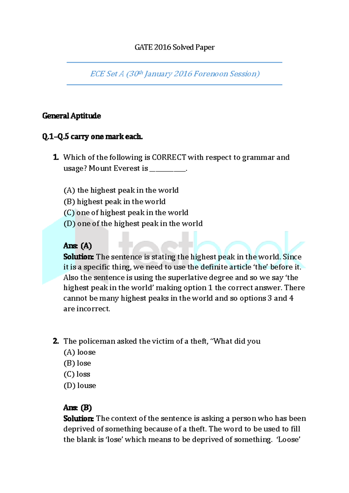 GATE EC 2016 S1 Solved Paper - GATE 2016 Solved Paper ECE Set A (30th ...