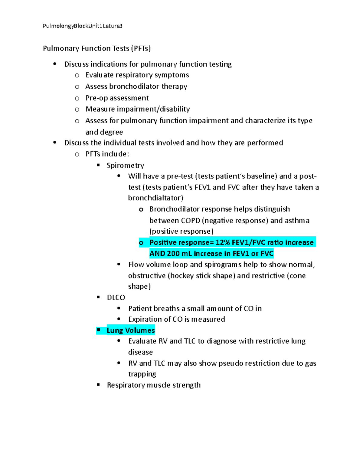 Unit1Lecture 3PFTS - These notes were outlined from the PFT lecture ...