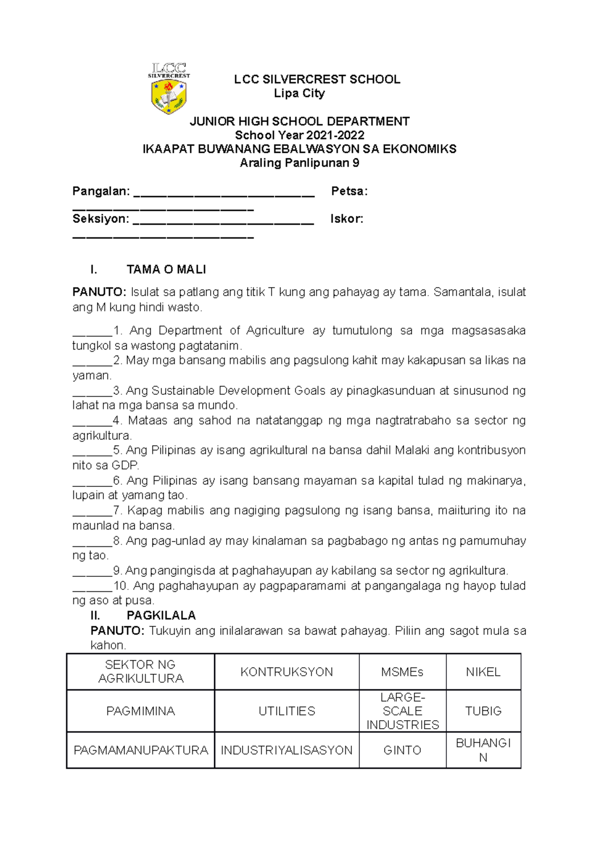 SEMI- Final IN AP 9- Heide Salandanan 2021-2022 Answer Sheet - LCC ...