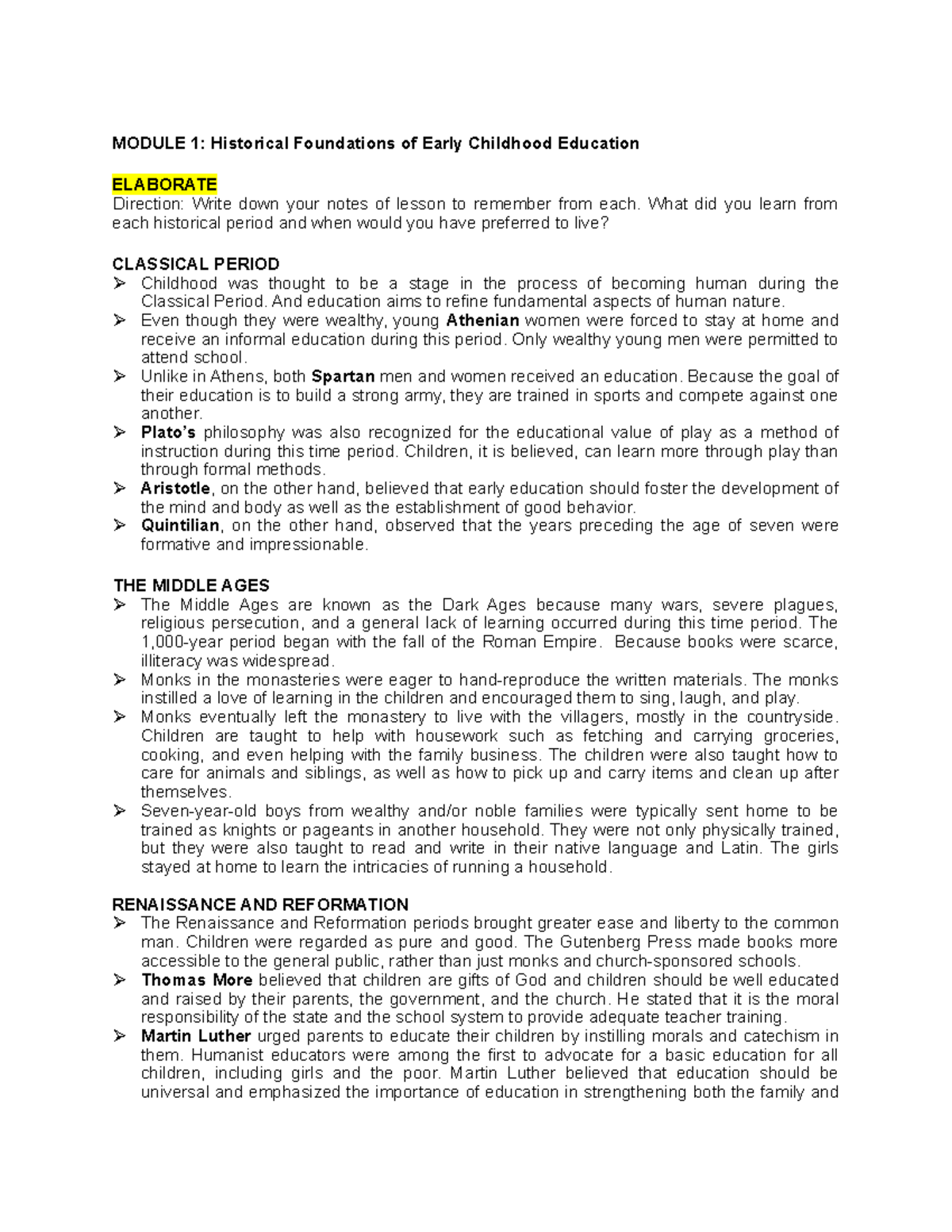 Foundations Of Early Childhood Education Module 1 Historical
