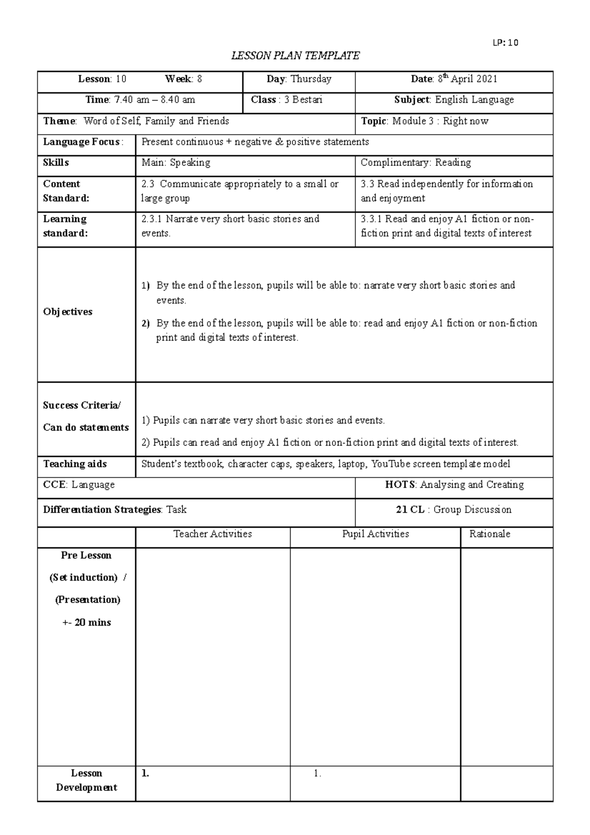 Lesson 8 WEEK 6 - our world part 2 - LP: 10 LESSON PLAN TEMPLATE Lesson ...