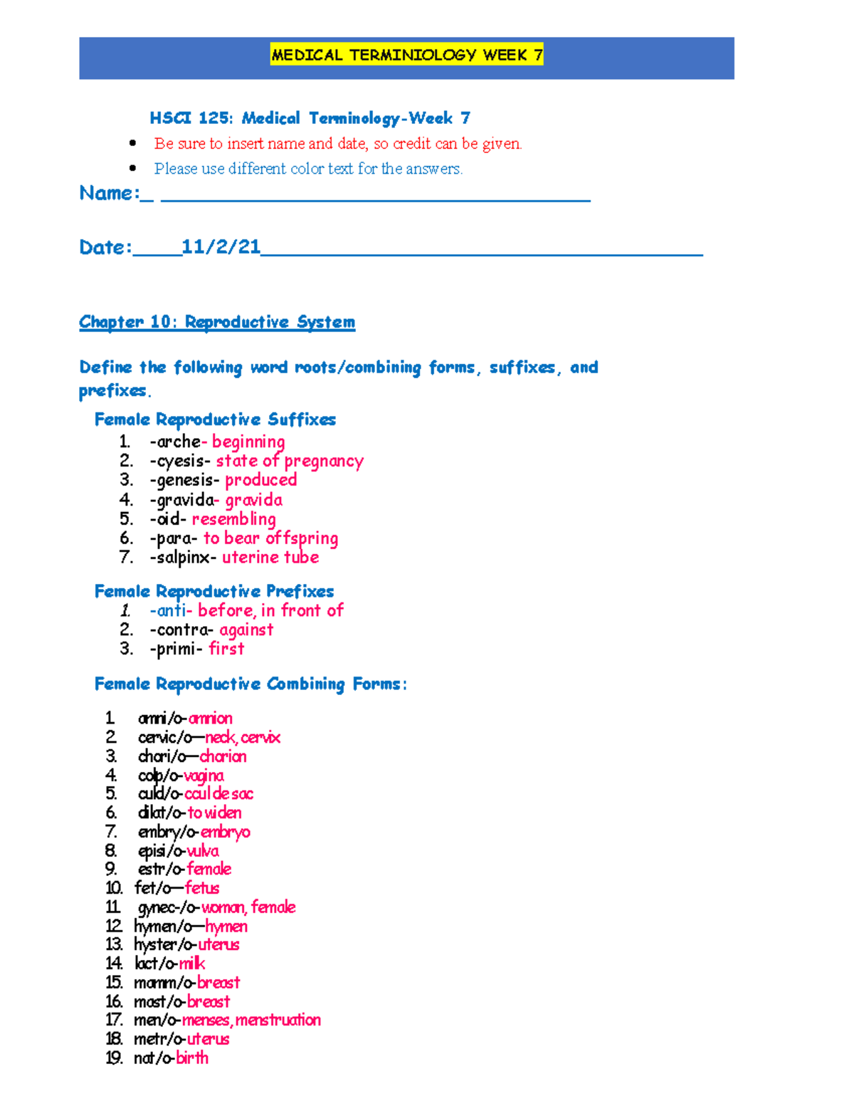 Medical Terminology- Assignment Week 7 - HSCI 125: Medical Terminology ...