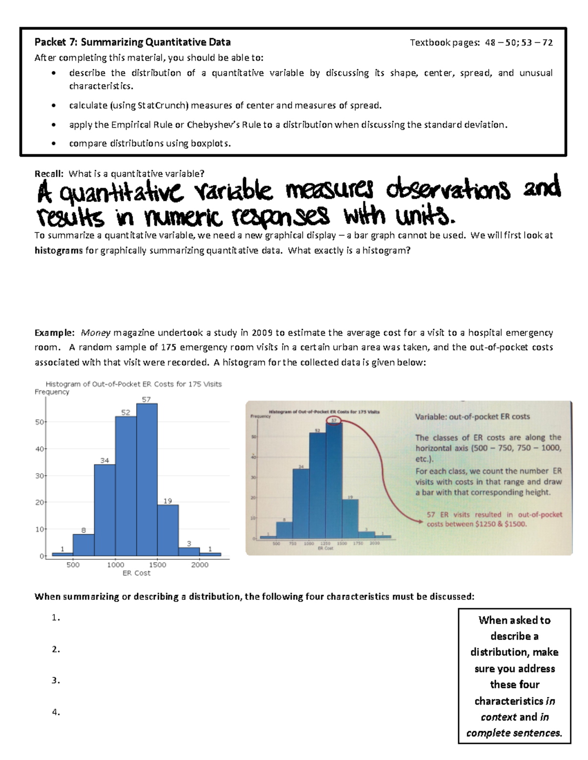 Packet 7 - Summarizing Quantitative Data - Packet 7: Summarizing ...