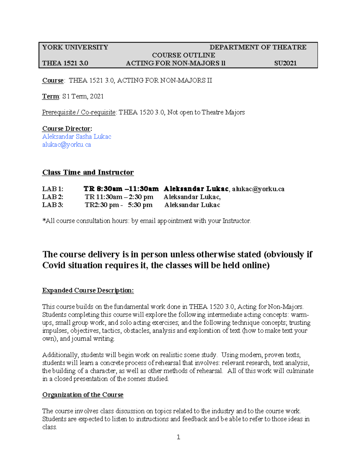 Acting for Non-Majors II Course Outline - YORK UNIVERSITY DEPARTMENT OF ...