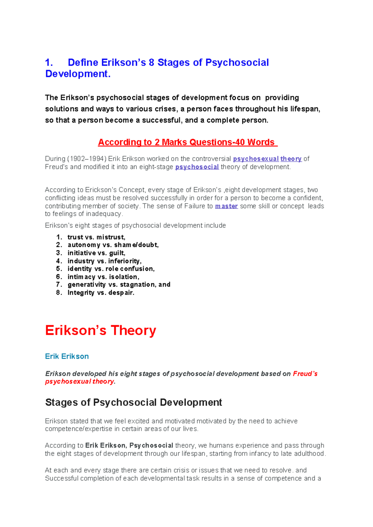 Ericksons theory - Full notes - 1. Define Erikson’s 8 Stages of ...