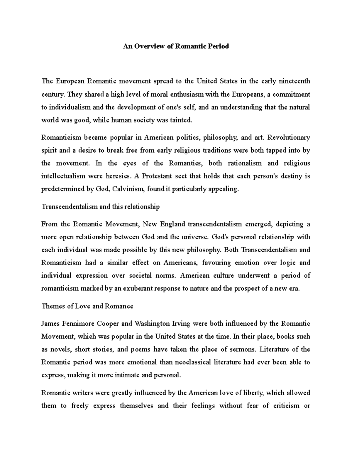 An Overview of Romantic Period - They shared a high level of moral ...