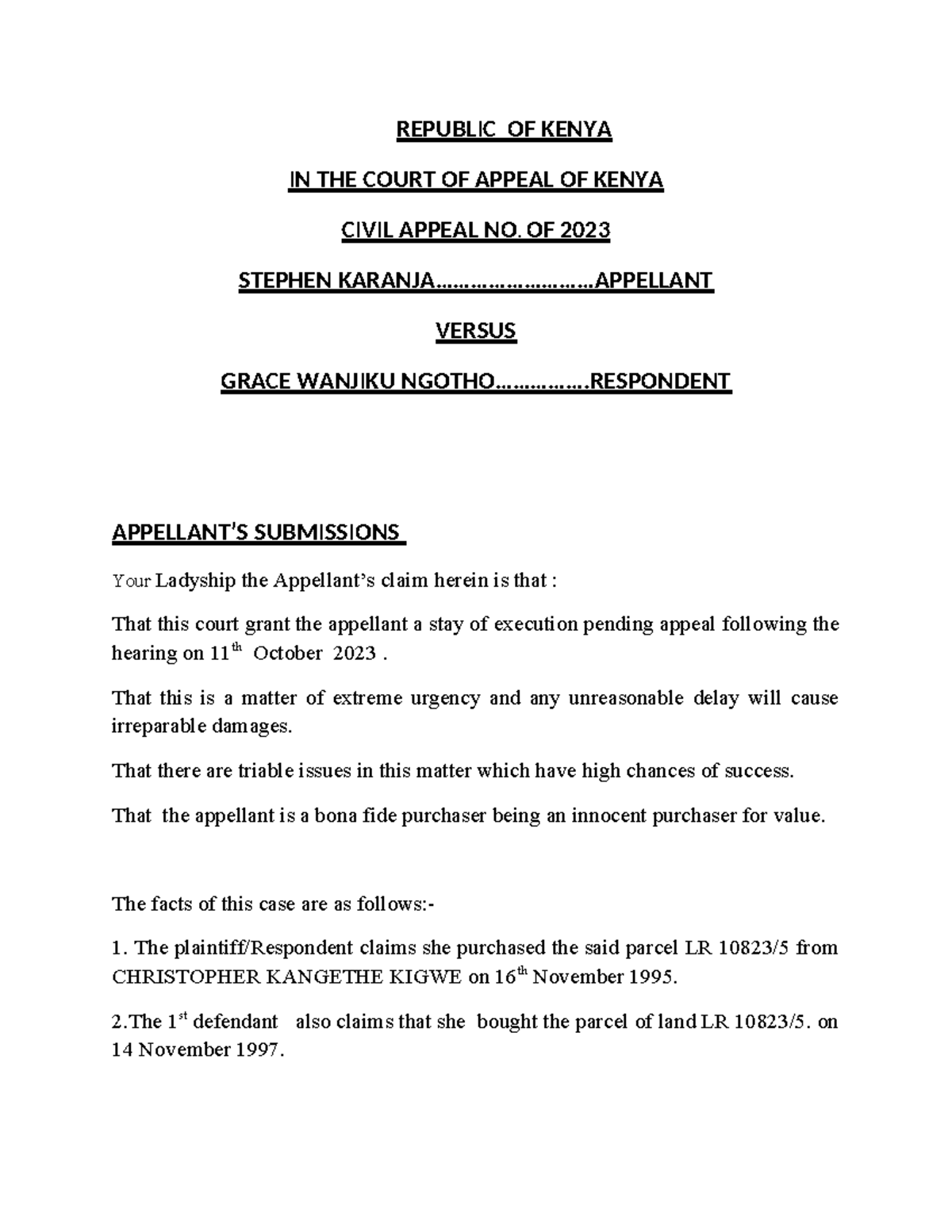 Republic OF Kenya stay of execution submissions - REPUBLIC OF KENYA IN ...