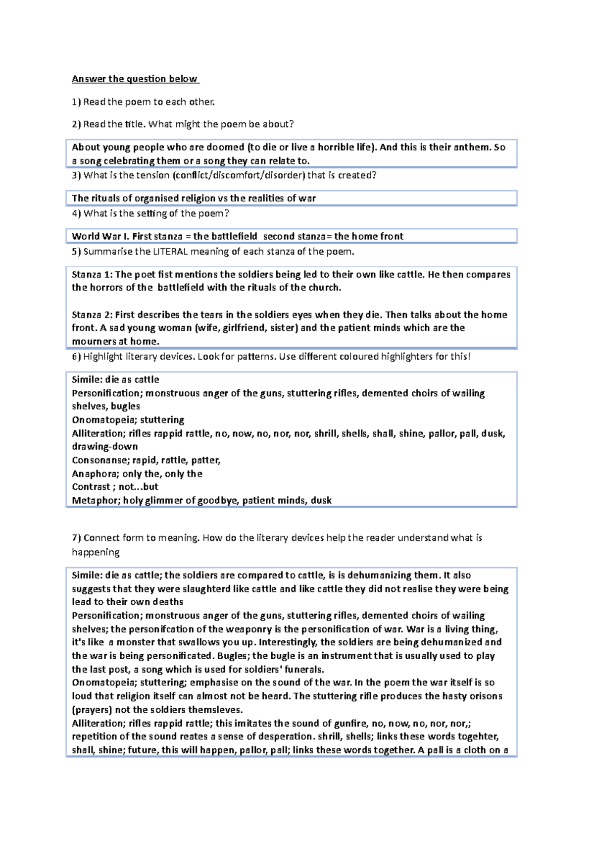 Grid Anthem of Doomed Youth - Answer the question below Read the poem to each other. Read the ...